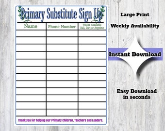 Primary Substitute Sign-up Sheet - Etsy