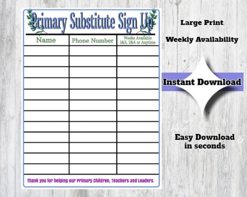 Primary Substitute Sign up List, Printable, Sign up Sheet - Etsy