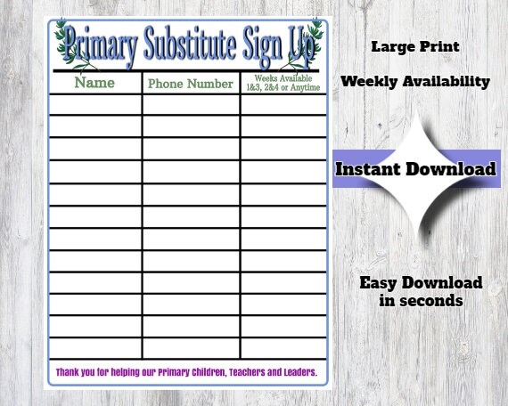 Primary Substitute Sign up List, Printable, Sign up Sheet - Etsy