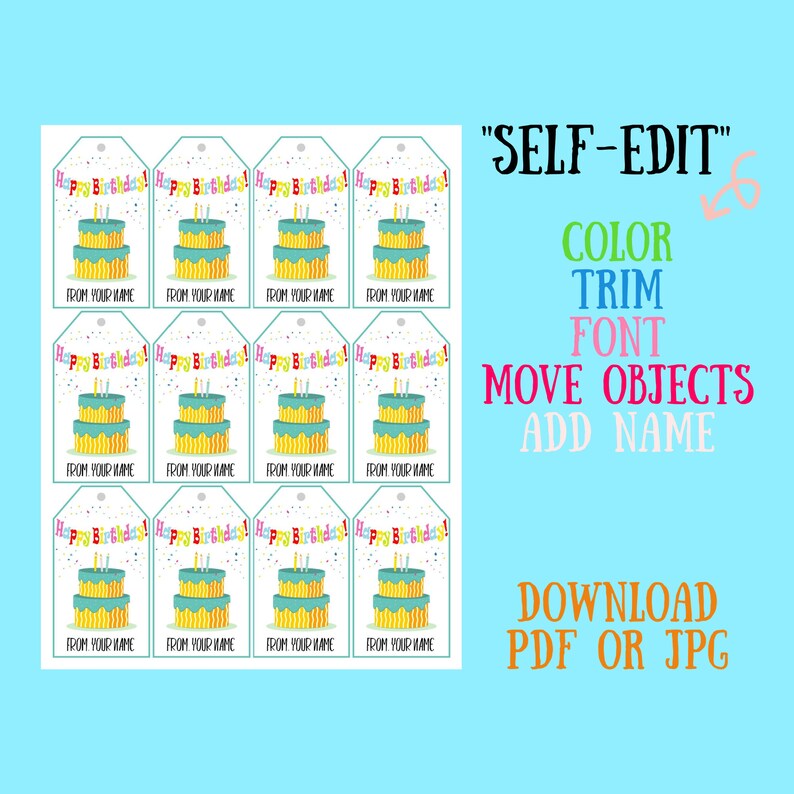 Happy Birthday Tag - EDITABLE Birthday Tag - Birthday Cake Tag - Boy ...