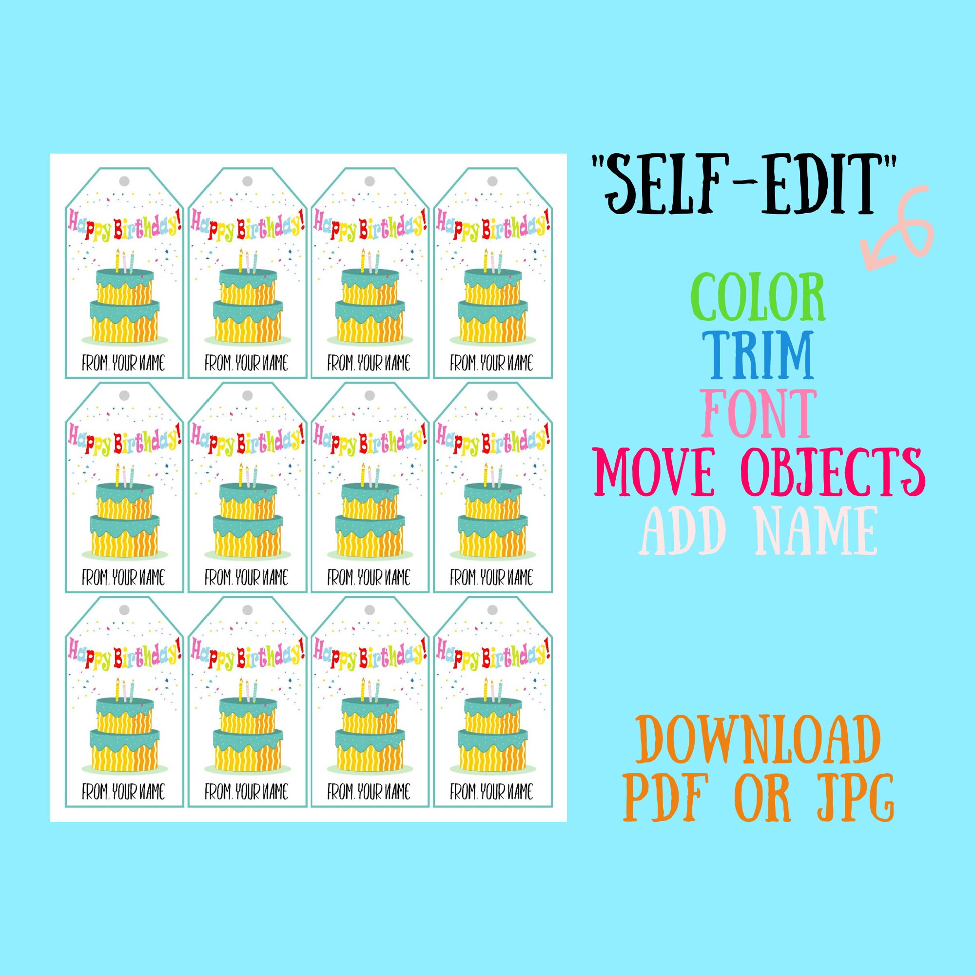 Happy Birthday Tag - EDITABLE Birthday Tag - Birthday Cake Tag - Boy ...