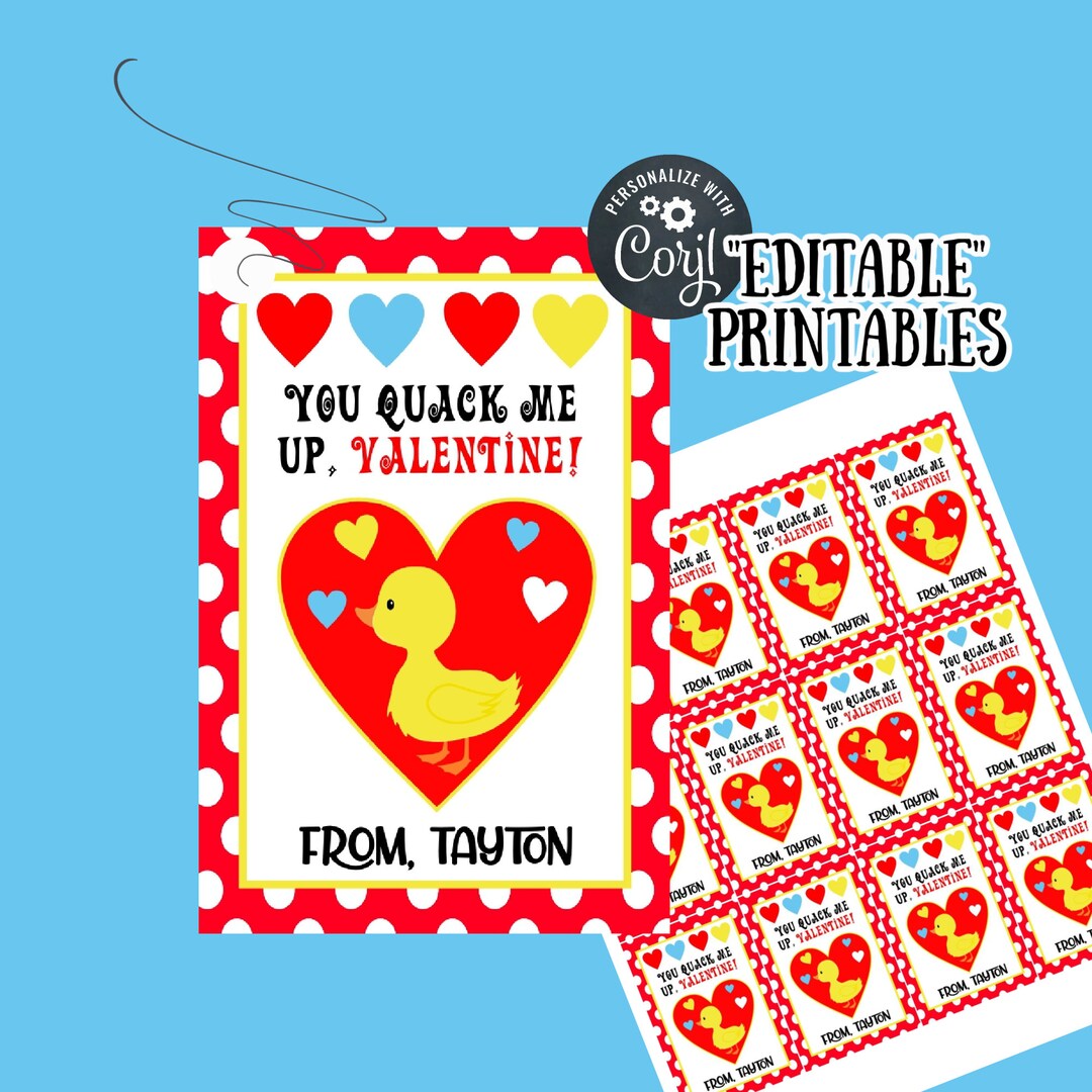 Duck Valentine Card - Quack Me up - Editable Printable Cards - School ...