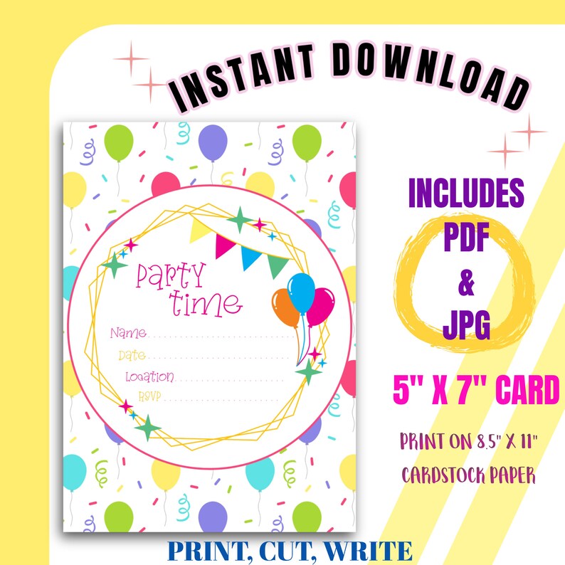 Kids Birthday Invitation, Tween Birthday Invite, Colorful, Balloon ...