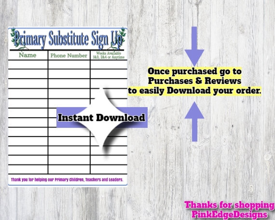 Primary Substitute Sign up List, Printable, Sign up Sheet - Etsy