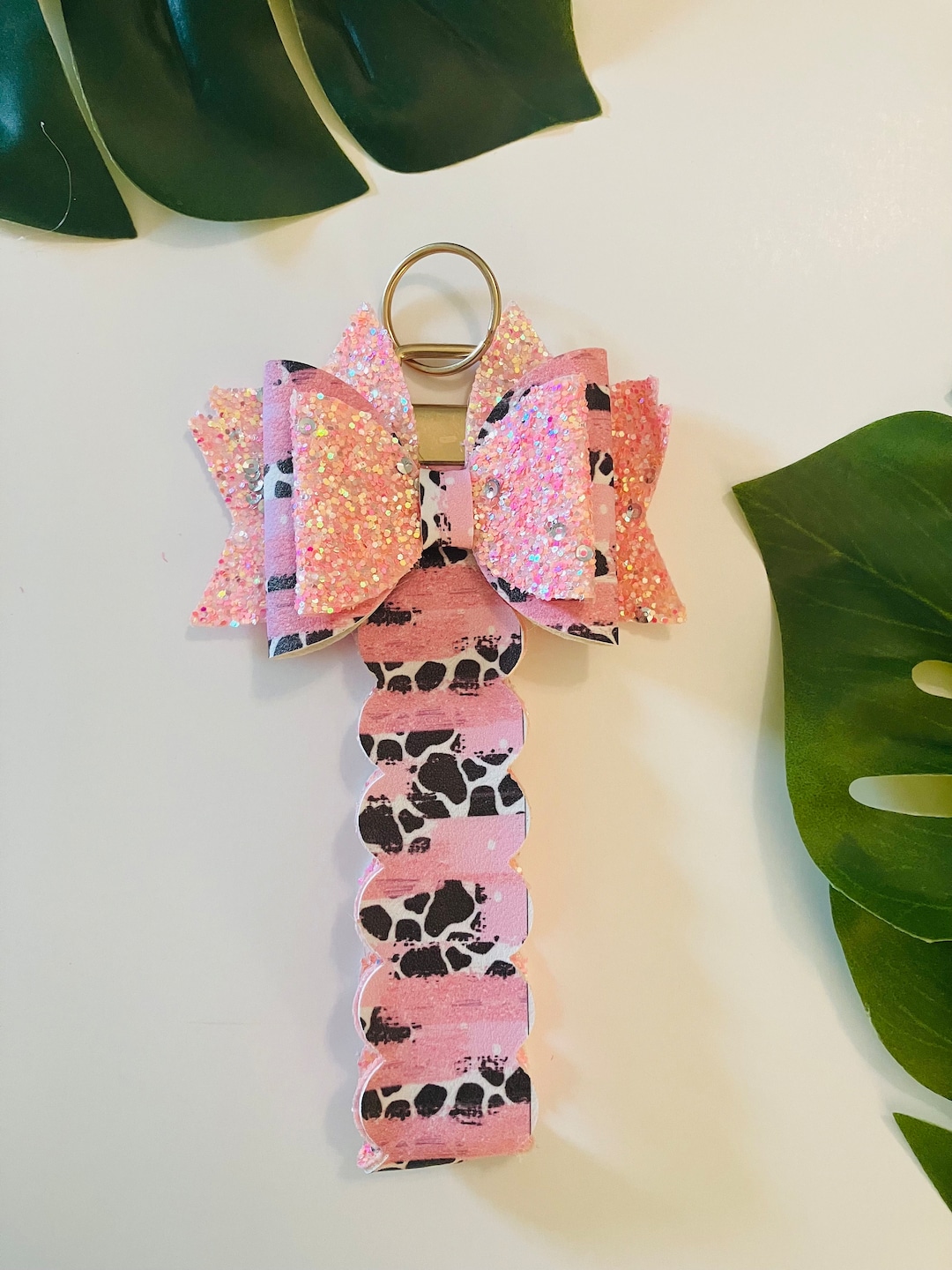 NEW Keychain, Pink Bow Keychain, Black White Pink Animal Print Long ...