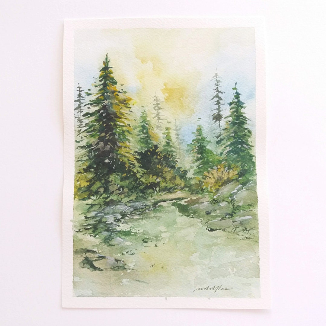 Stream-side Pine Trees Forest Earth Tone Landscape Original - Etsy