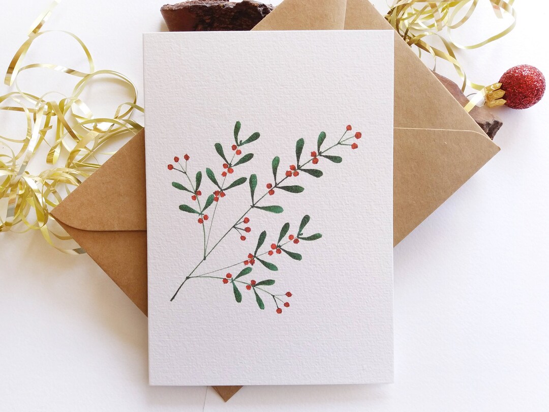 Christmas Cards. Set of 6 "mistletoe" Cards. Red Mistletoe. Holiday ...
