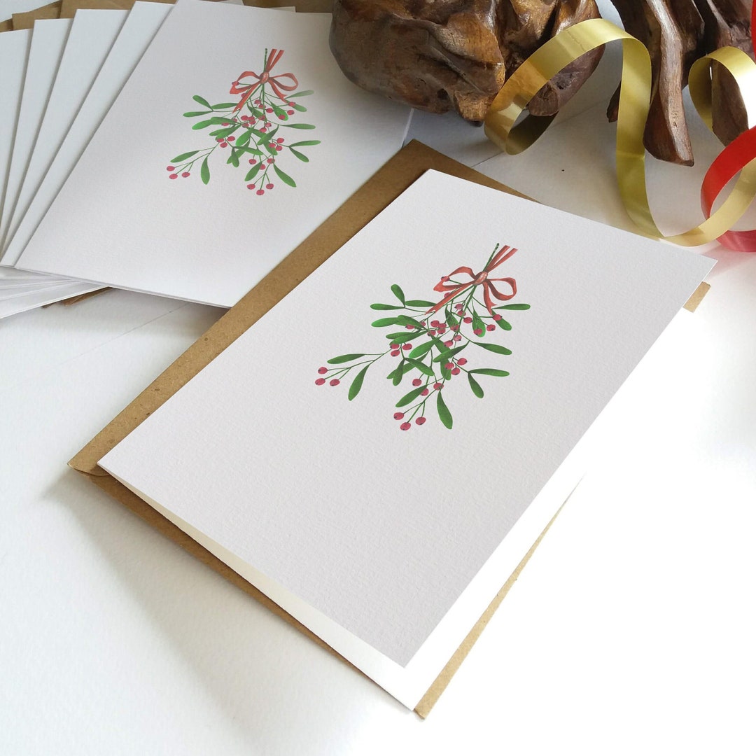 Christmas Cards. Set of 6 ribbon Mistletoe Cards, Handmade, Folded ...