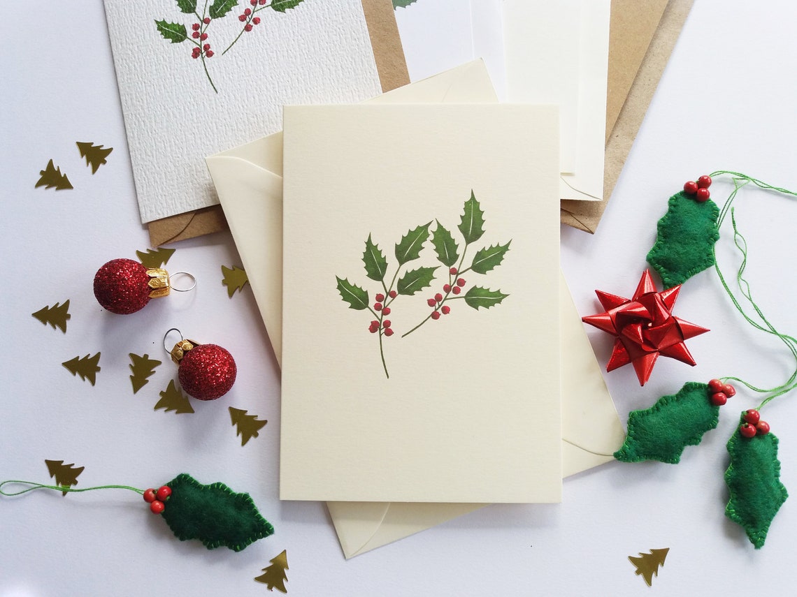 Christmas Set of 6 Holly Leaves Cards Handmade | Etsy