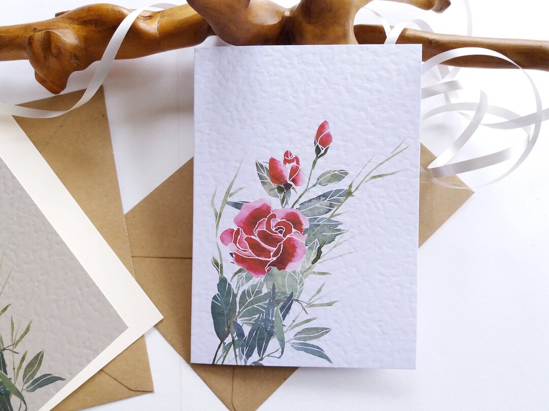 Card Set. Floral Card. Red Roses Card Set Folded Blank Note and ...