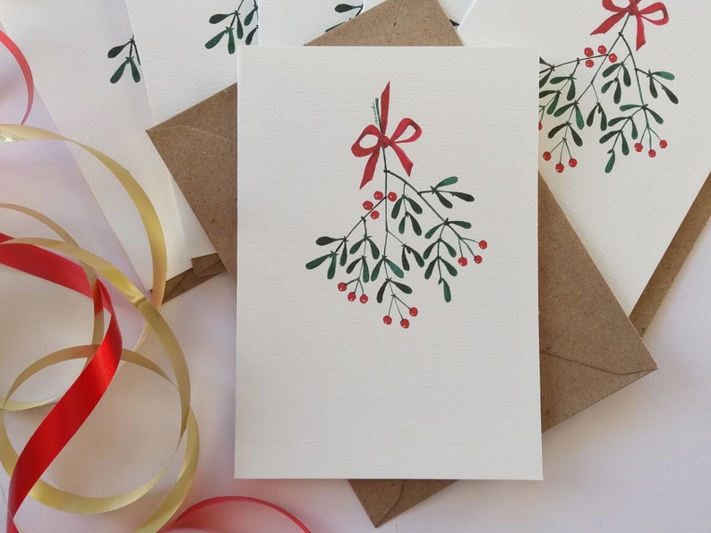 Christmas Cards Set of 6 Mistletoe with Red | Etsy