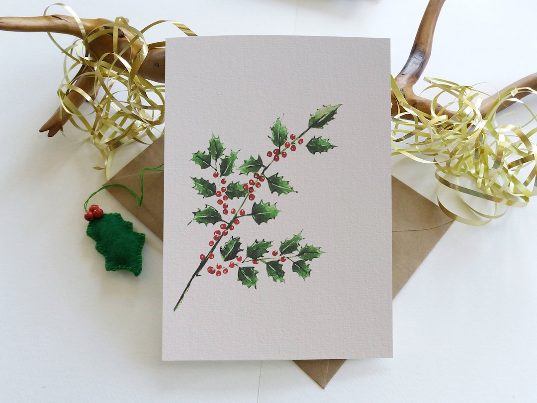Christmas Cards. Set of 6 "holly Leaves and Berries" Cards. Holly ...