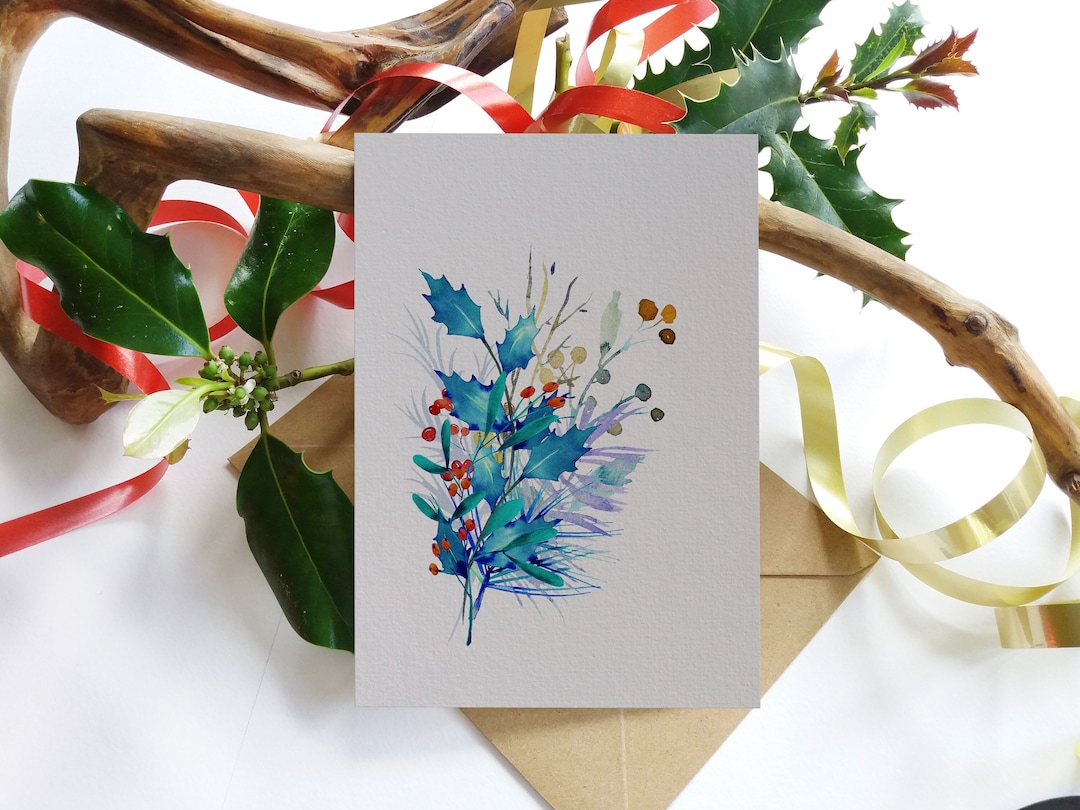 Christmas Cards. Set of 6 "winter Leaves in Blue" Cards. Folded Blank ...