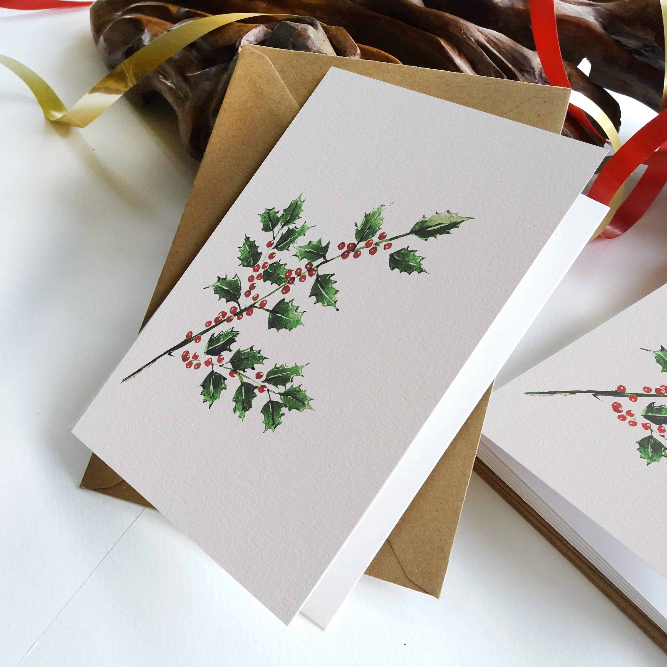 Christmas Cards. Set of 6 "holly Leaves and Berries" Cards. Holly ...