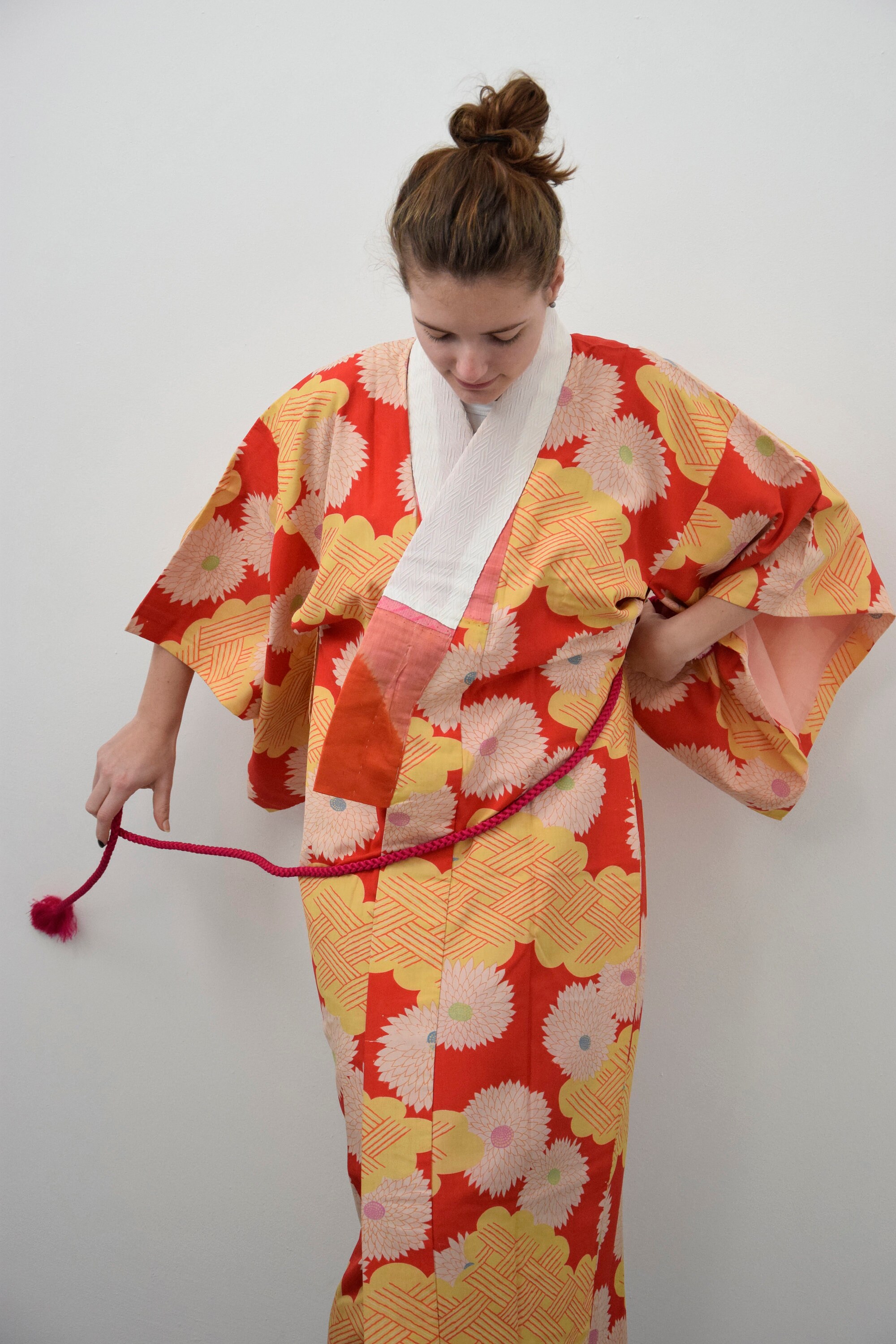 Vintage Kimono red with Flowers with Obijime belt, Silk Kimono Robe ...
