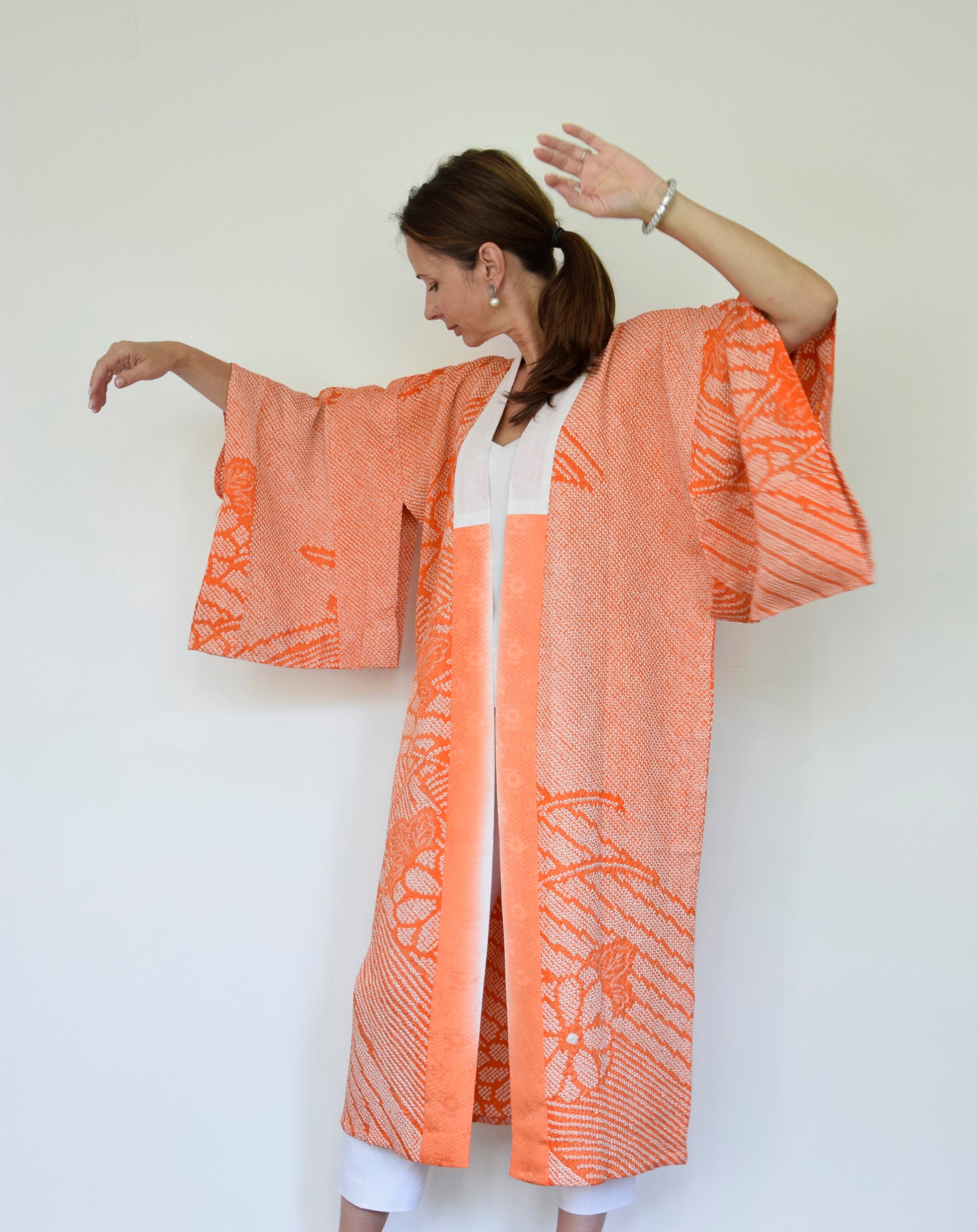 Vintage Kimono, special silk Kimono orange, handmade, Shibori Batik ...