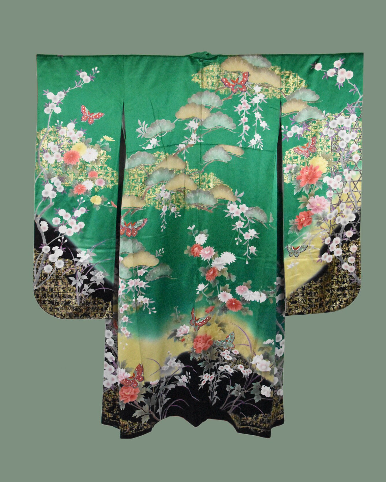Furisode Kimono in Green with Japan print including Silk Obijime Belt ...
