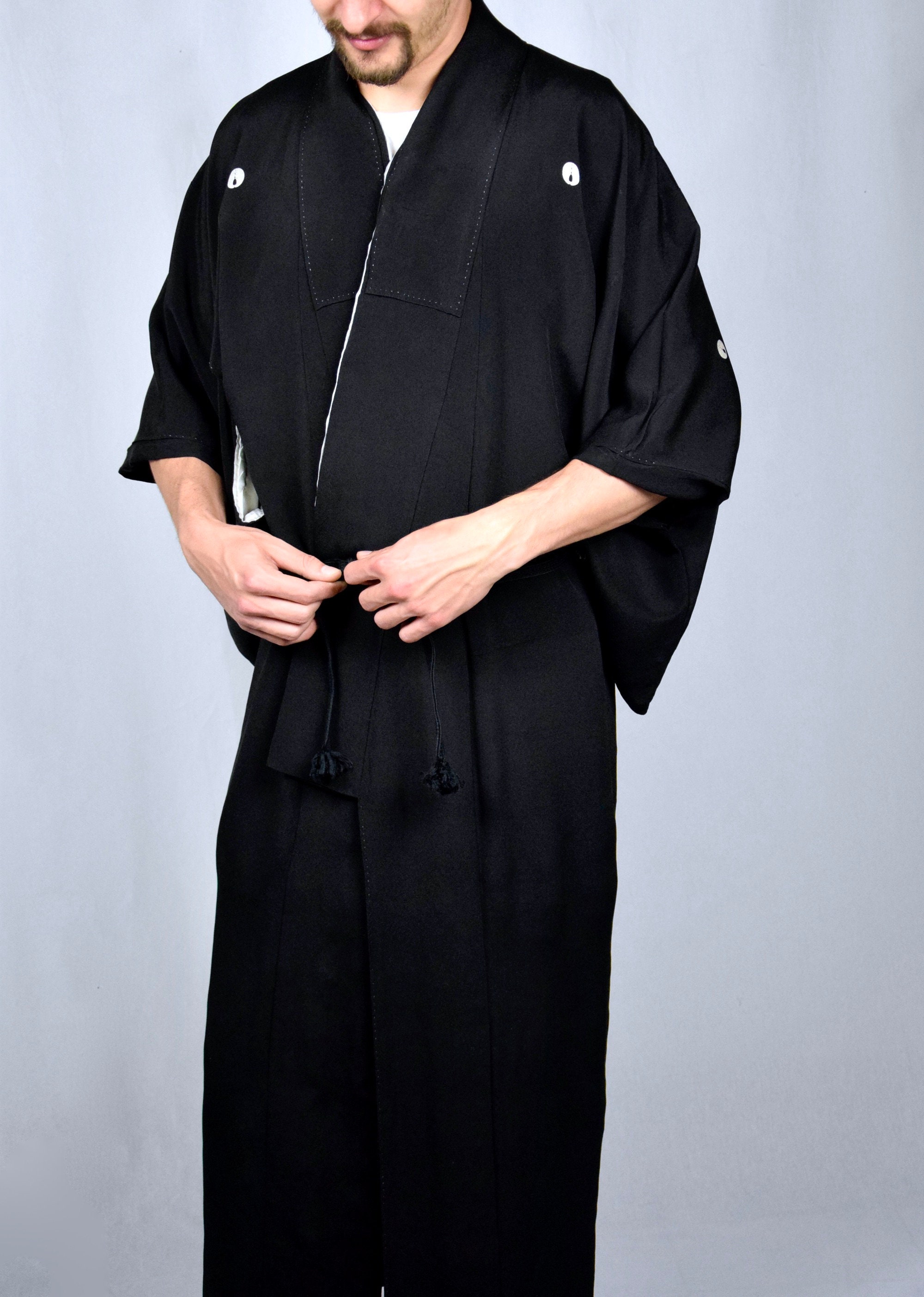 Cleaned Japanese Vintage Kimono Robe Silk in black with Obijime ...