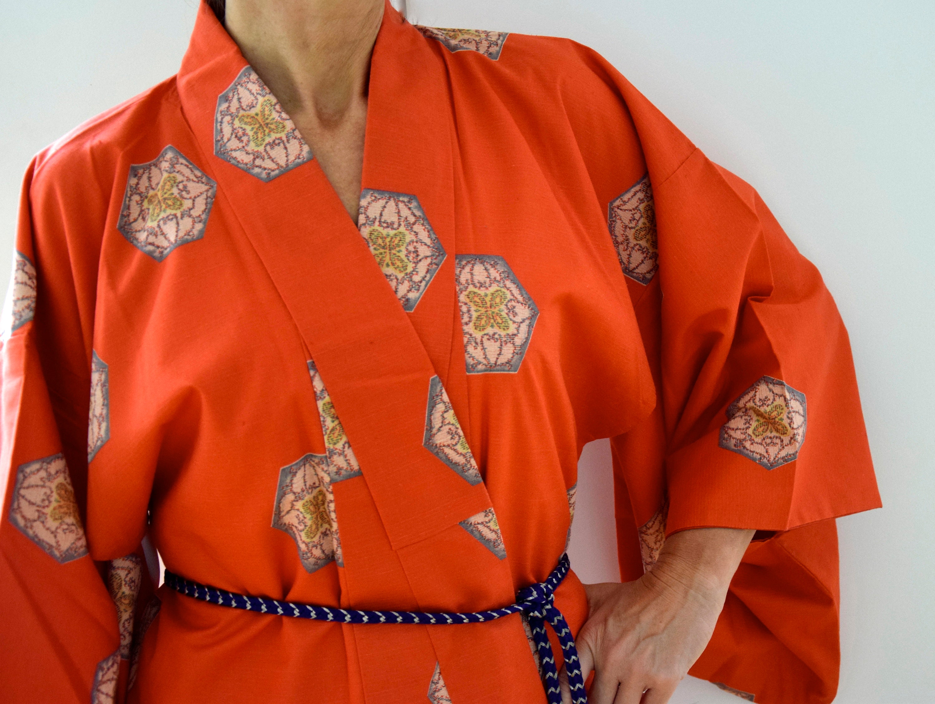 Japanese Vintage Kimono Robe Silk with silk Obijime belt, Silk Gown ...