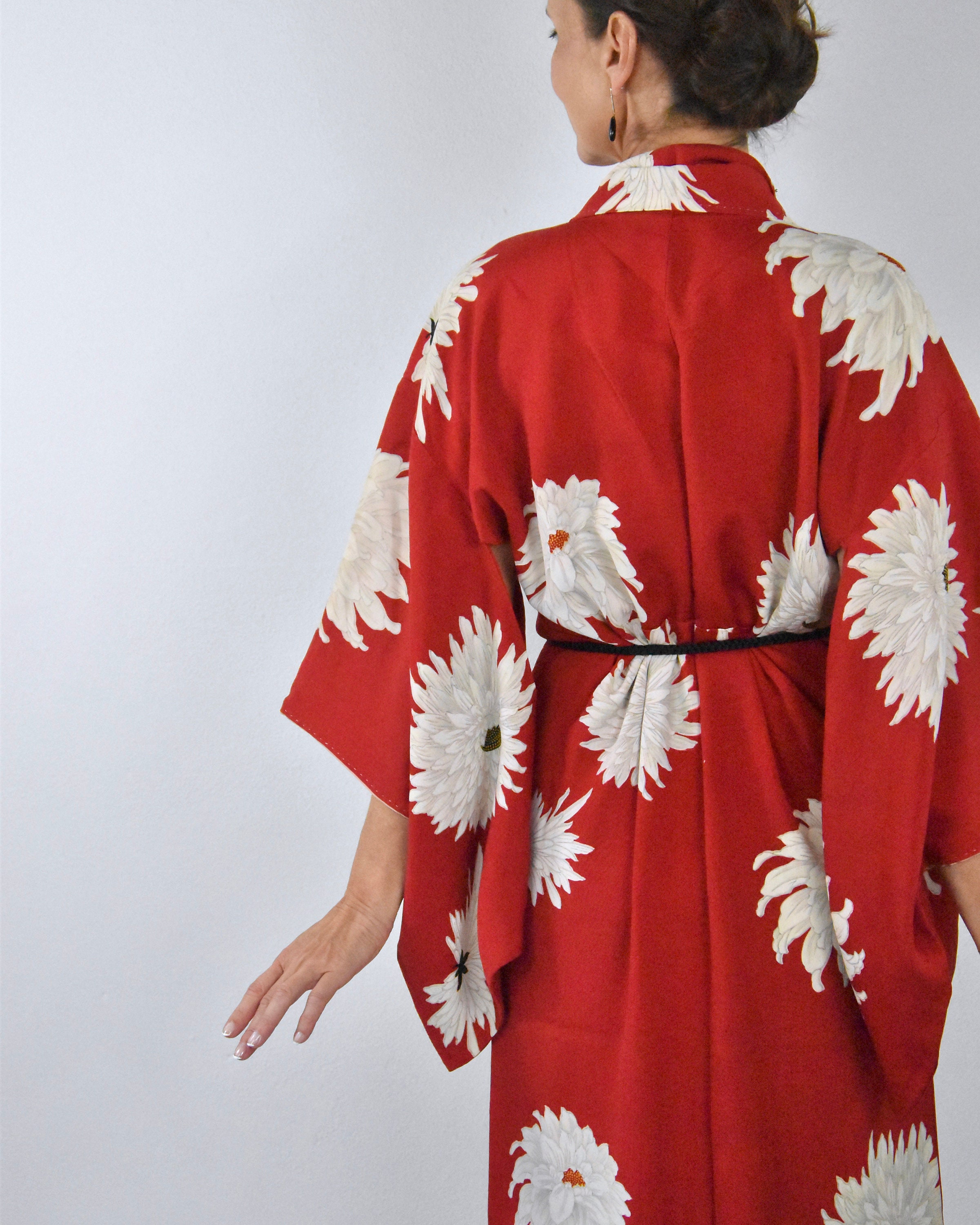 Japanese antique Kimono Robe in Japan-red with Obijime belt ...