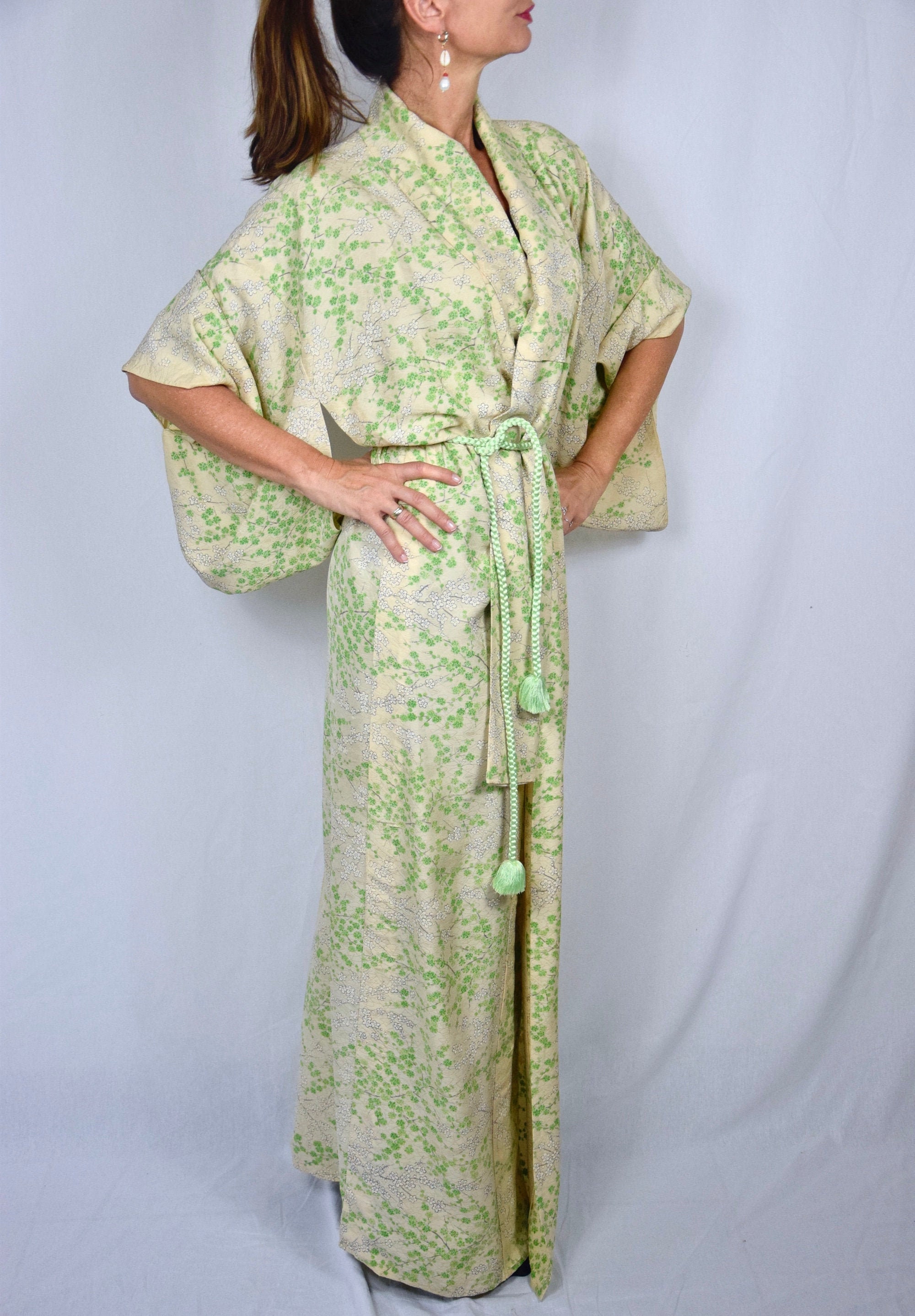Japanese Vintage Kimono Robe with free Obijime belt, Silk Gown, Silk ...