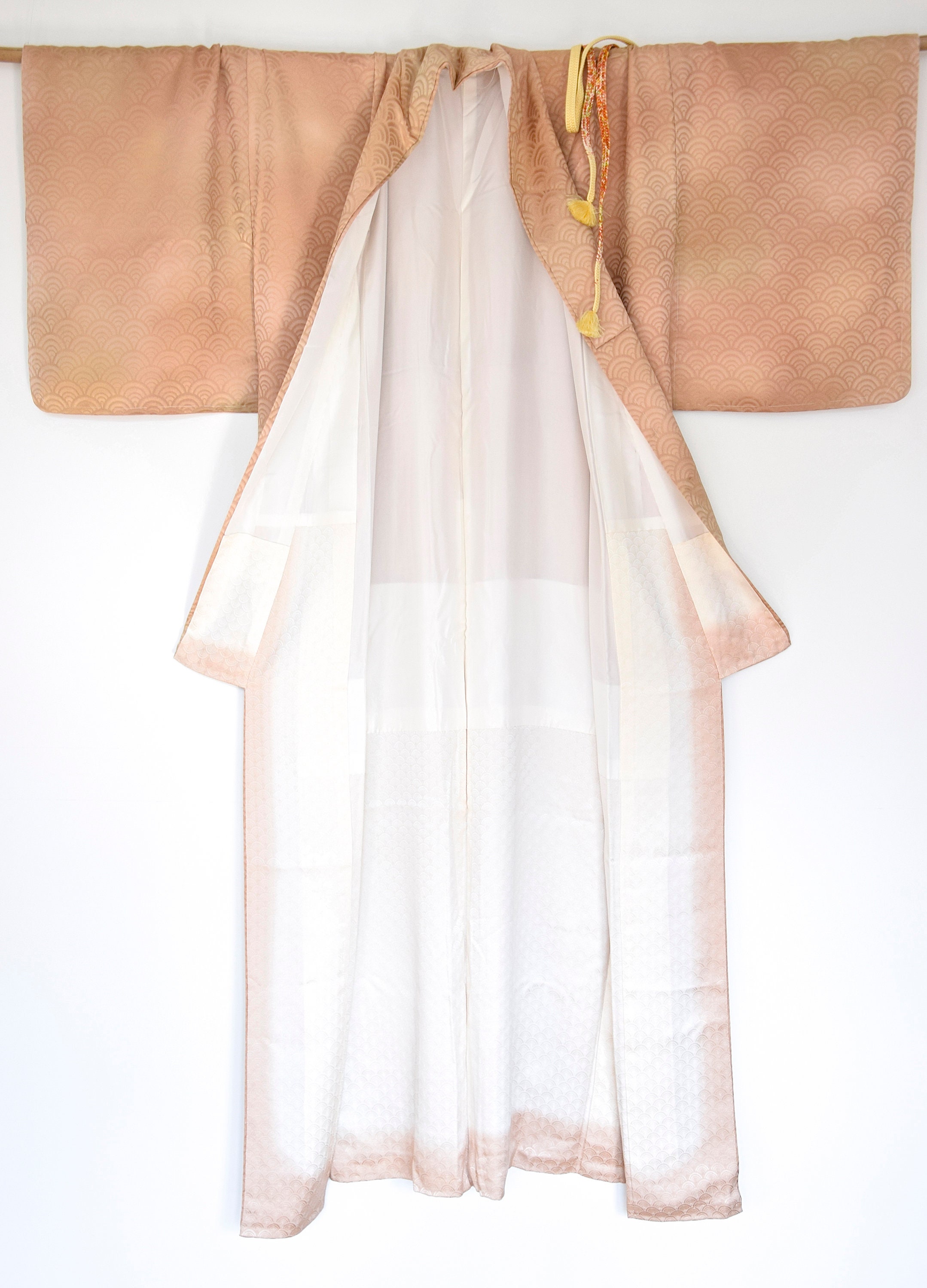 Japanese Vintage Kimono Robe Silk in bronze with Obijime belt