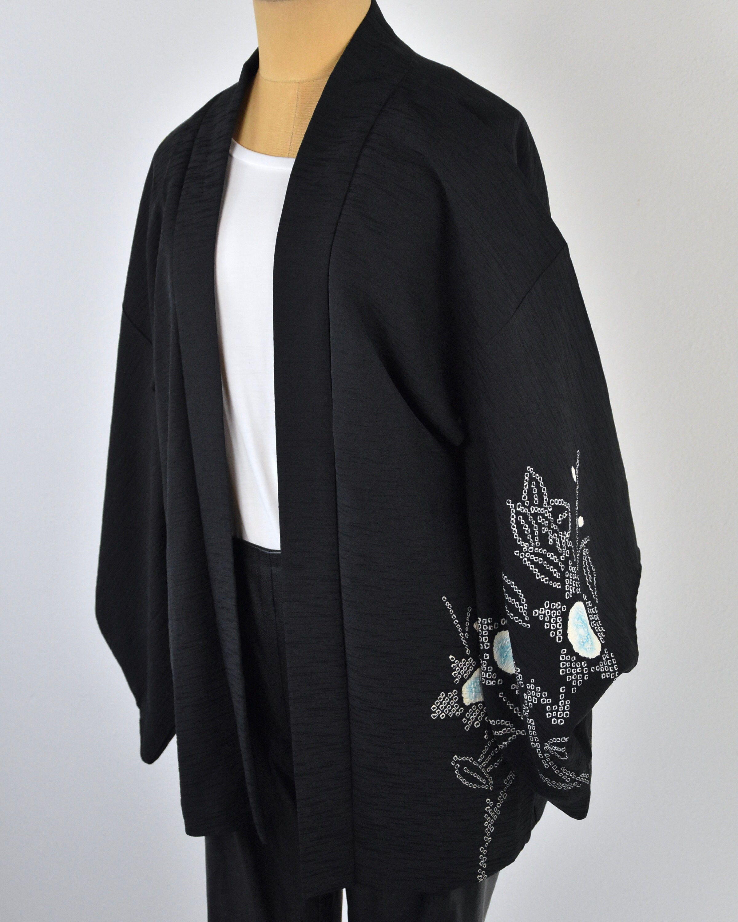 Black Japanese Haori with blue Shibori flowers / black short silk ...