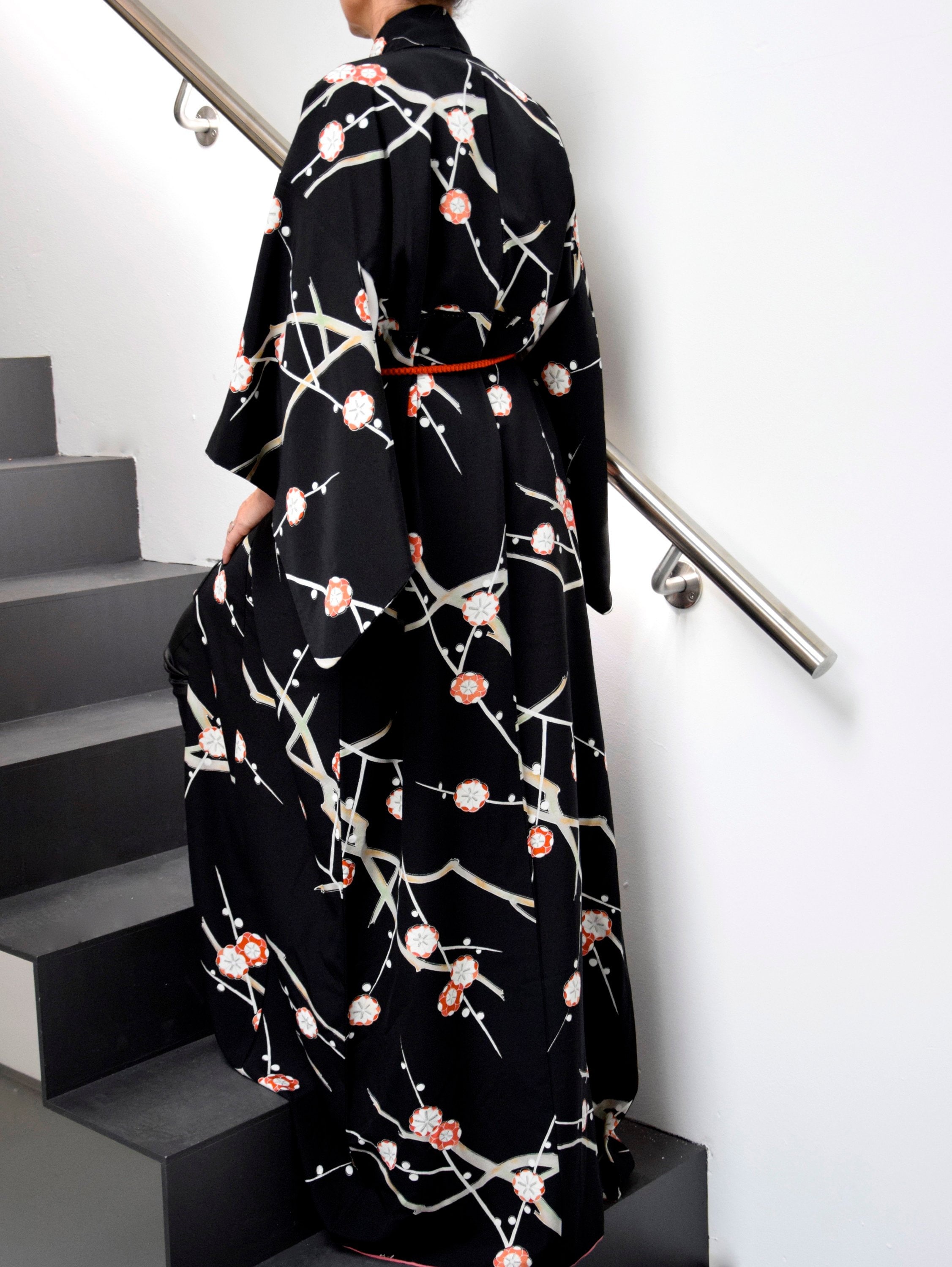 Japanese Vintage Kimono Robe black silk including Obijime (Kumihimo ...