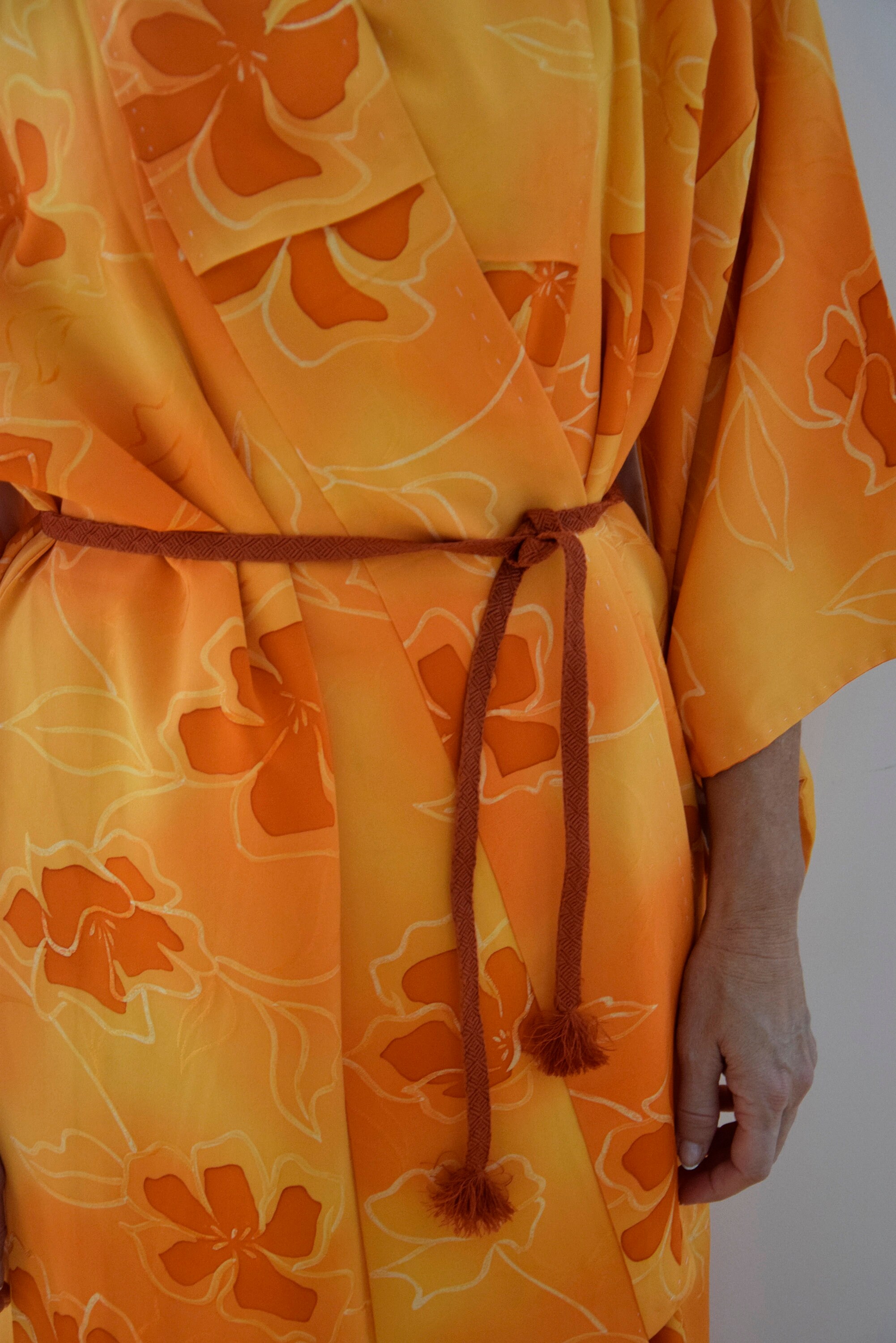 Japanese Vintage Kimono Robe Silk orange with Plumeria, silk Obijime ...