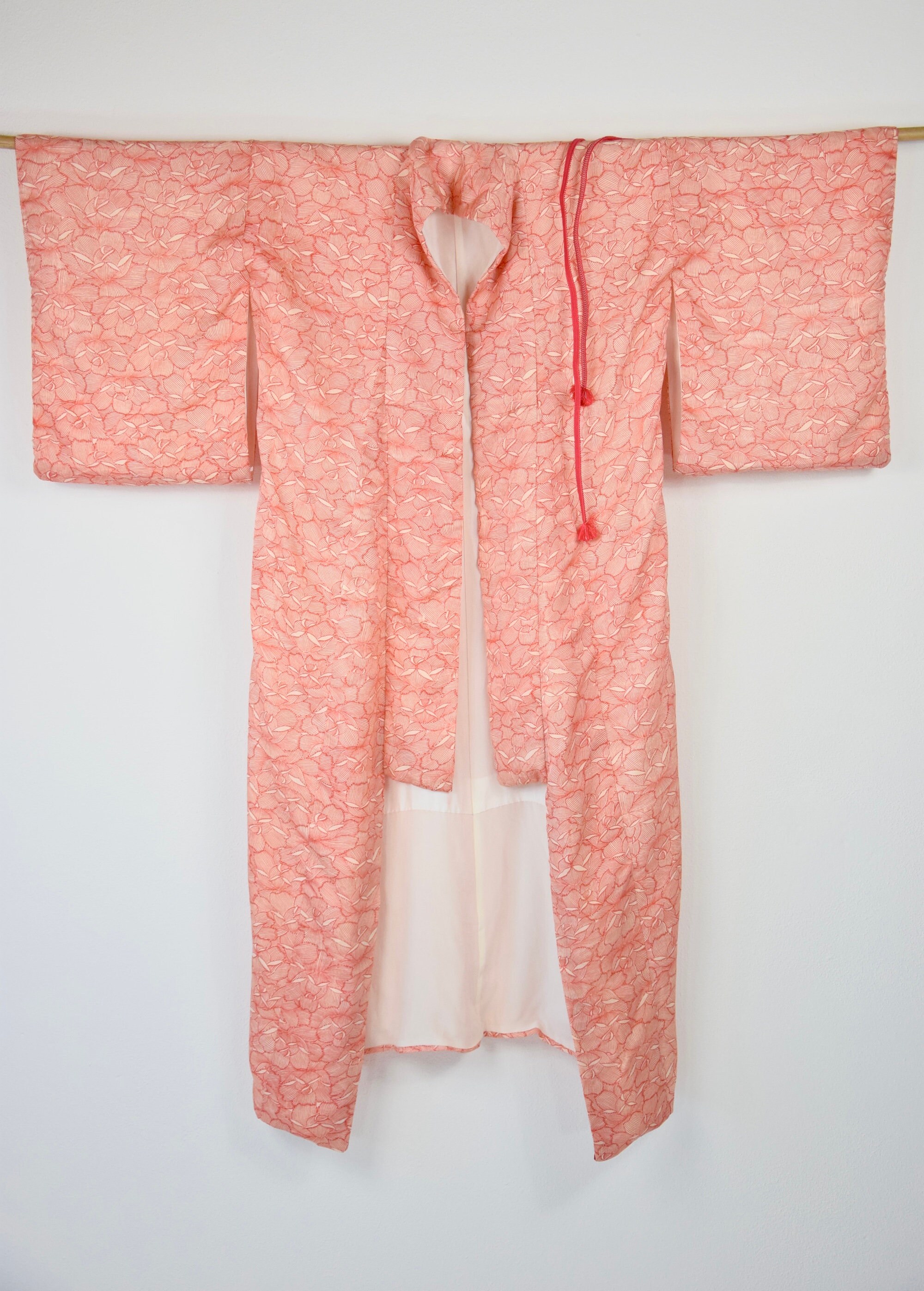 Japanese Vintage Kimono Robe Silk pink with Orchids and silk Obijime ...