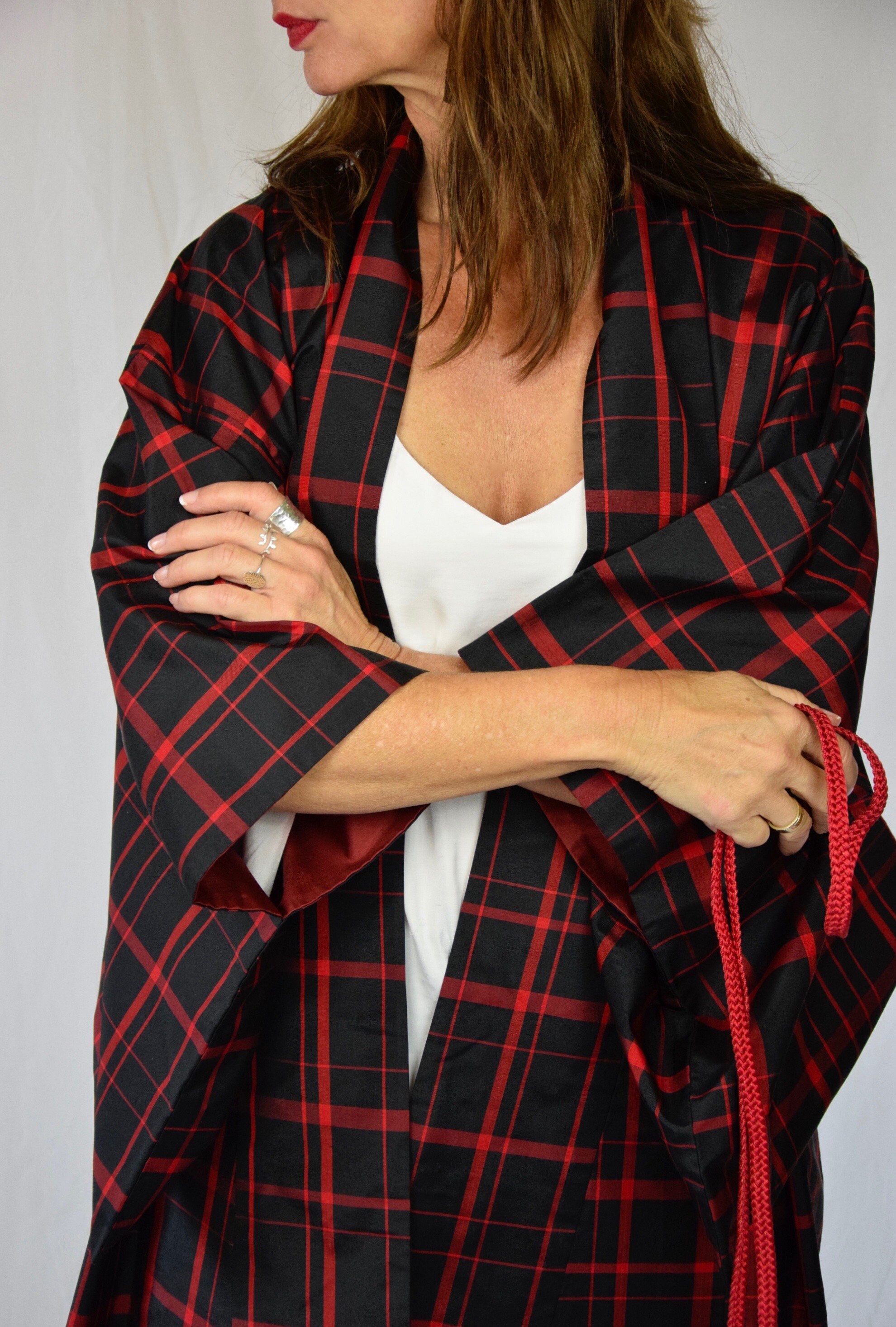 Japanese Vintage Kimono Robe, black red Silk with free Obijime belt ...