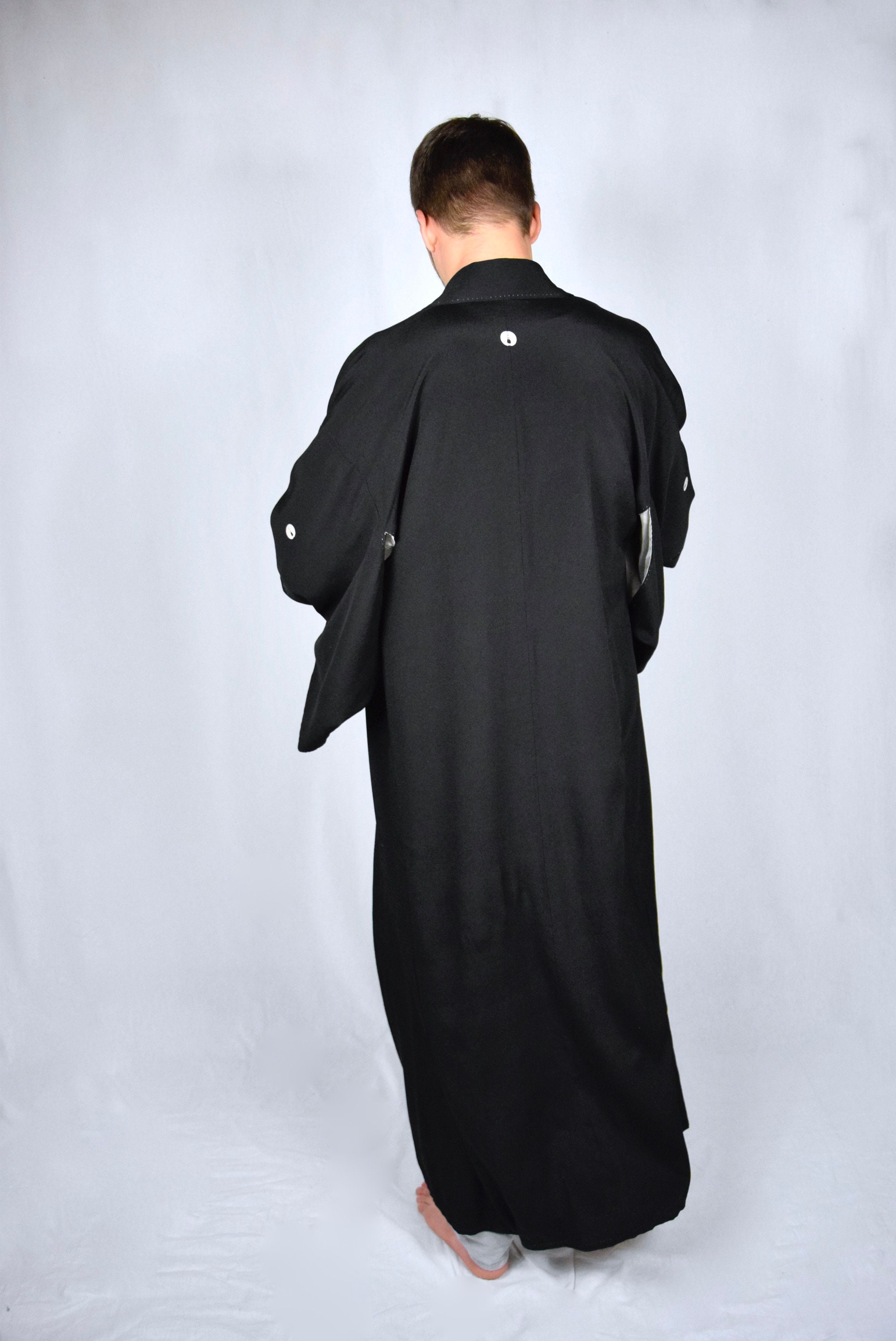 Cleaned Japanese Vintage Kimono Robe Silk in black with Obijime ...