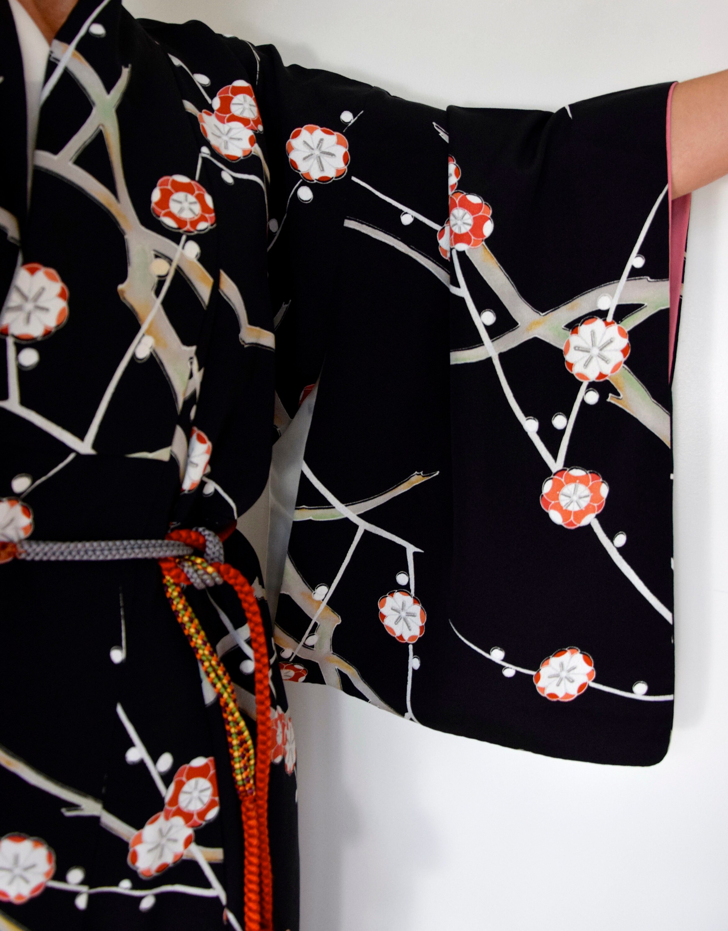 Japanese Vintage Kimono Robe black silk including Obijime (Kumihimo ...