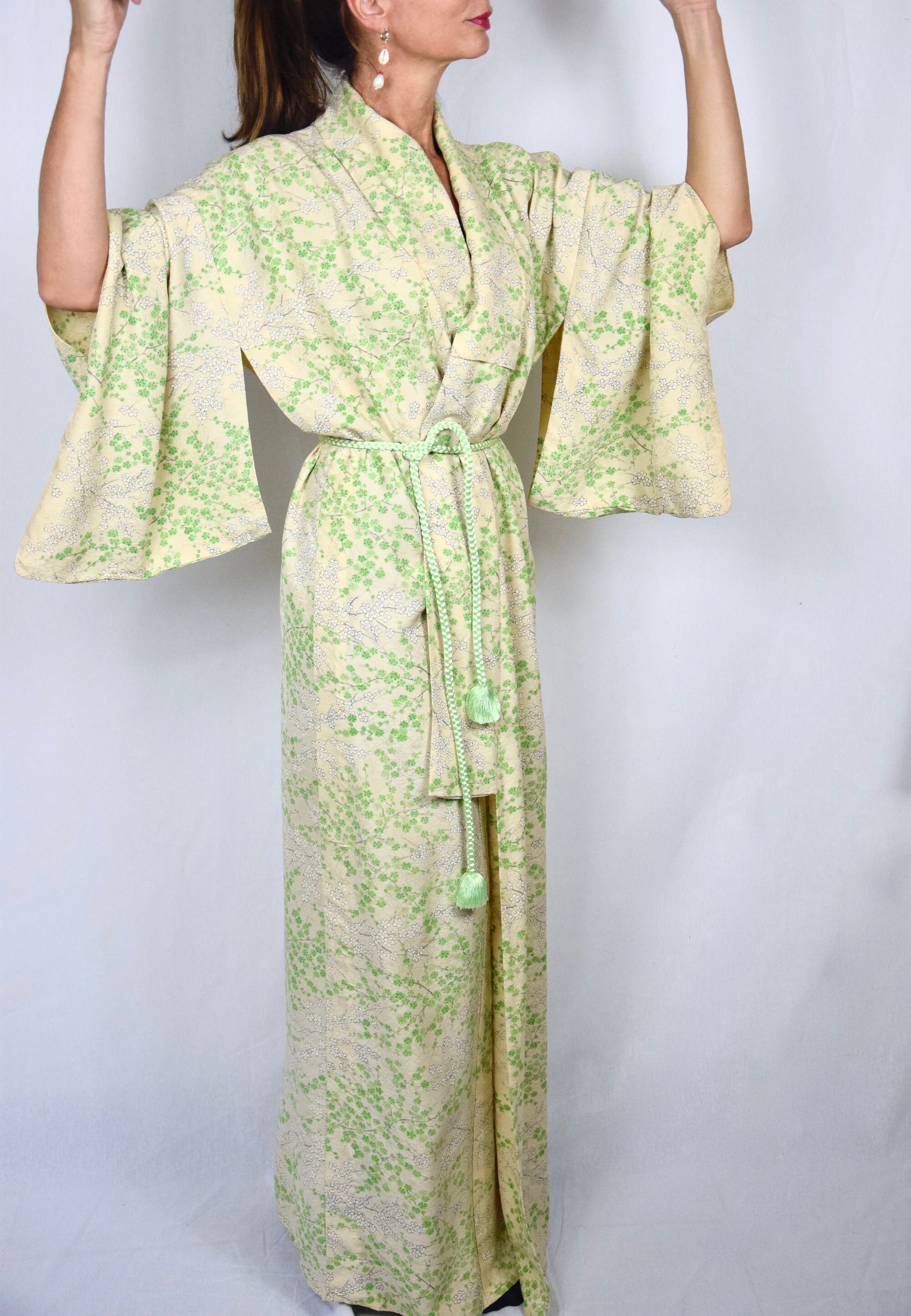 Japanese Vintage Kimono Robe with free Obijime belt, Silk Gown, Silk ...
