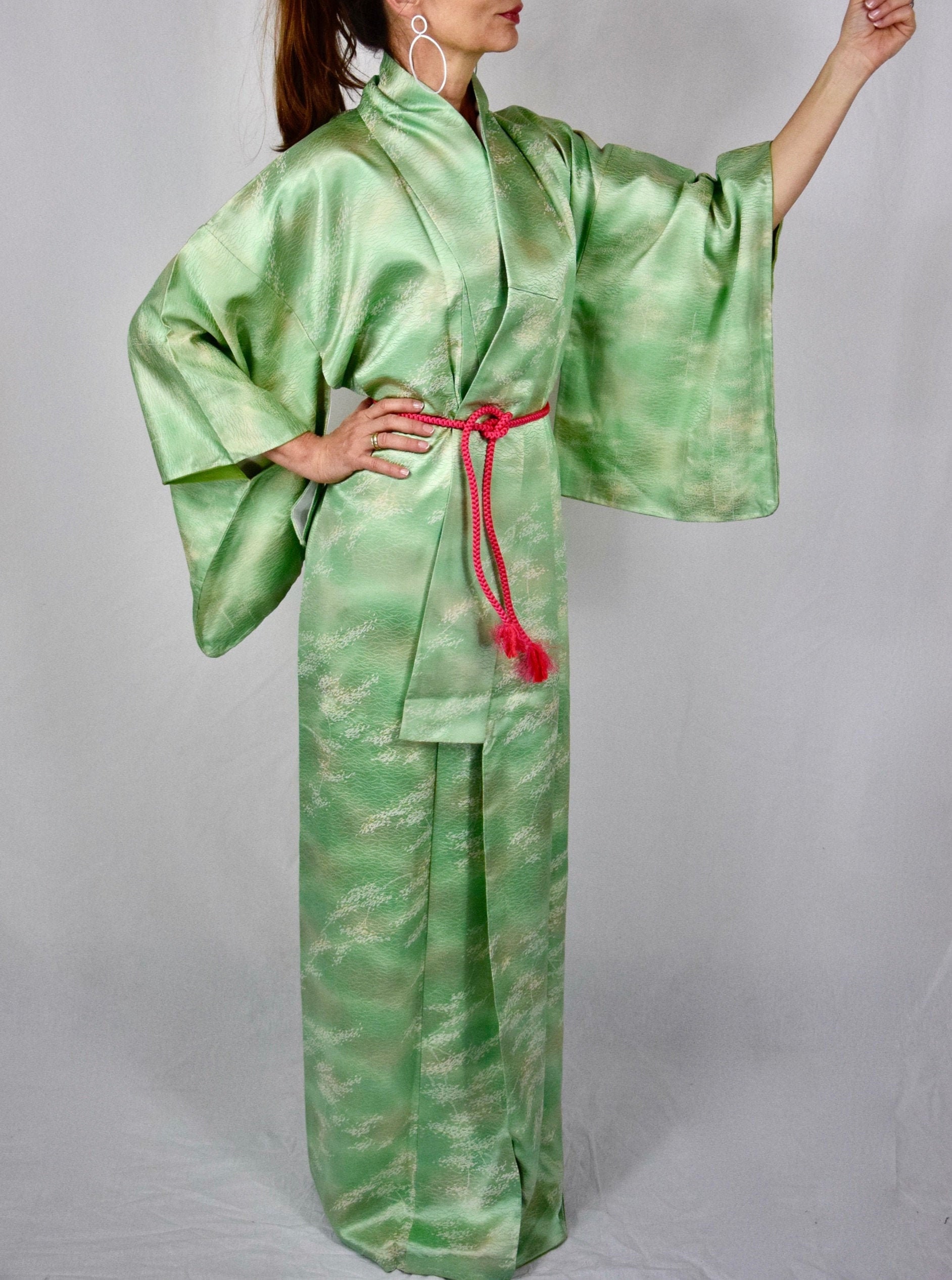 Japanese Vintage Kimono Robe Silk in green, including Obijime belt ...