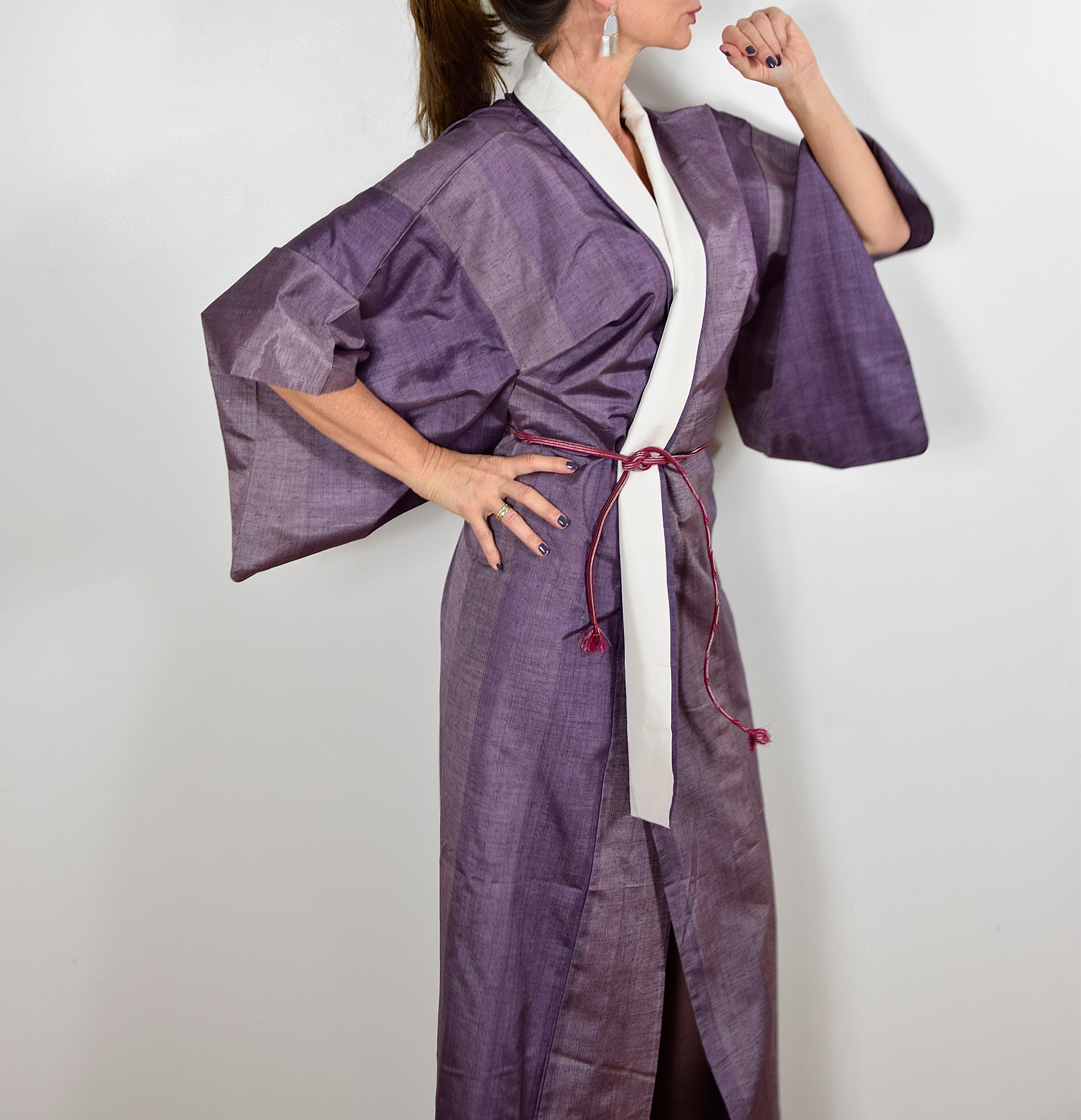 Japanese Vintage Kimono Robe Silk in purple with free Obijime belt ...