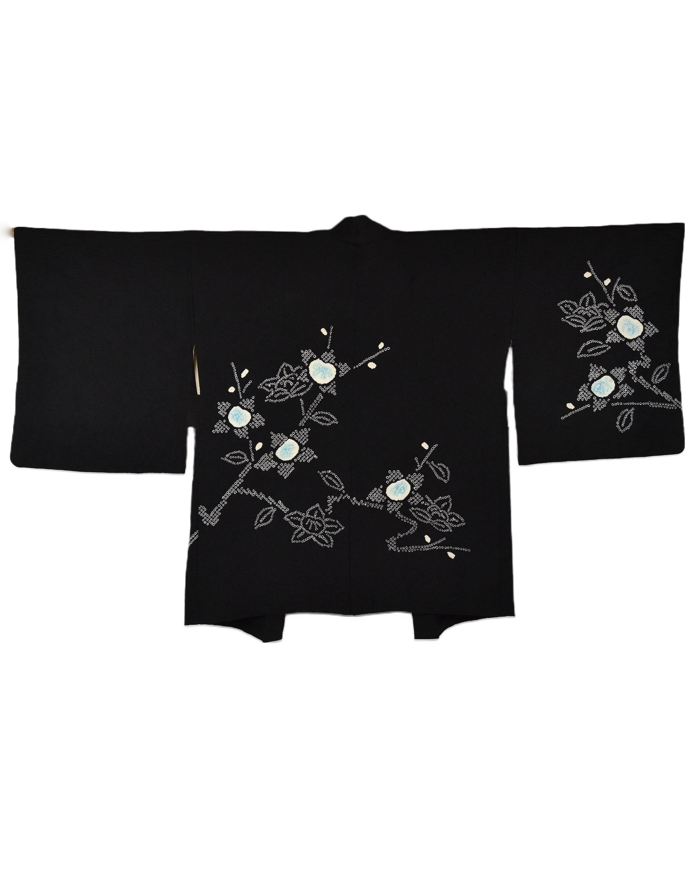 Black Japanese Haori with blue Shibori flowers / black short silk ...