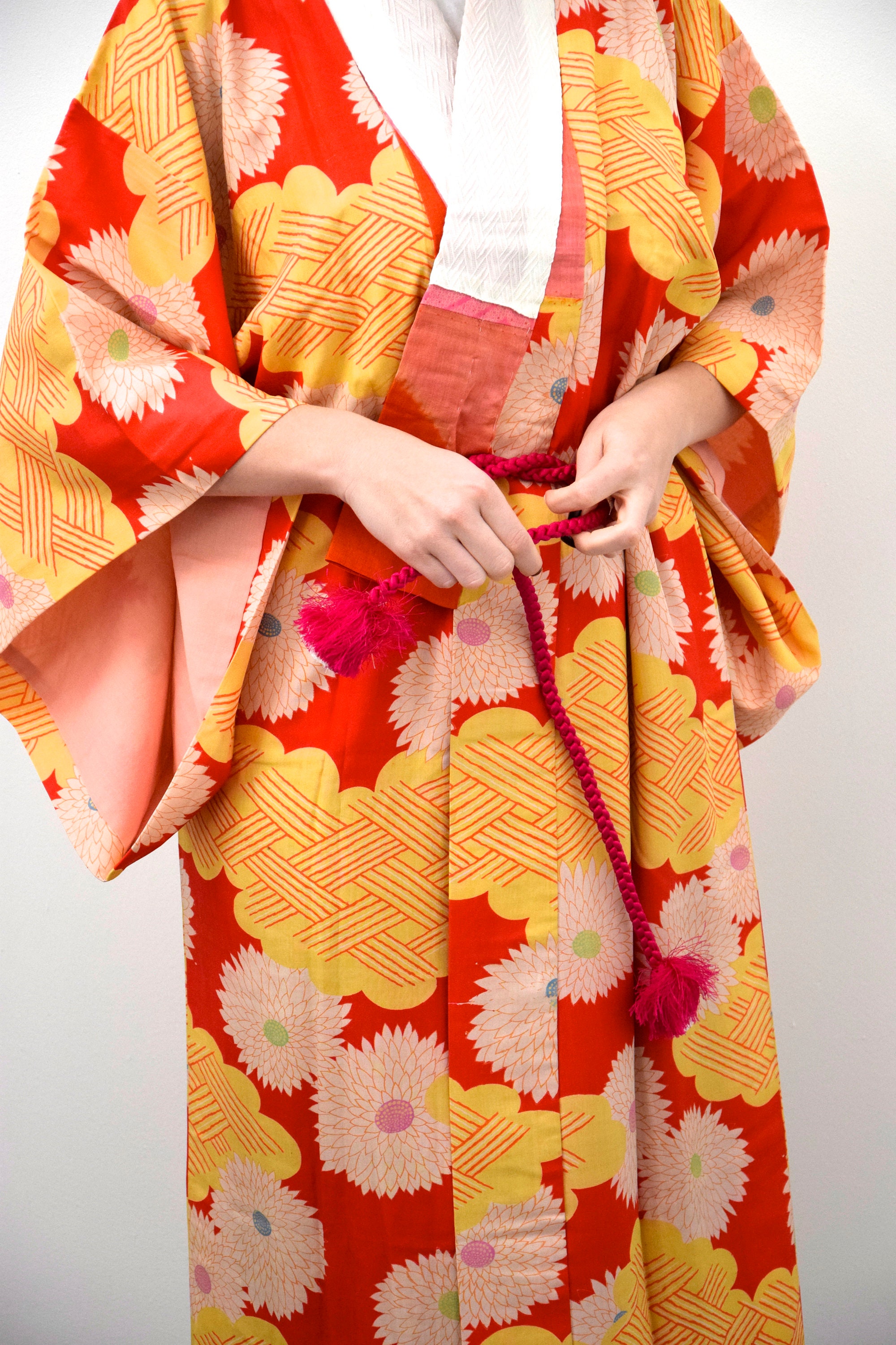 Vintage Kimono red with Flowers with Obijime belt, Silk Kimono Robe ...