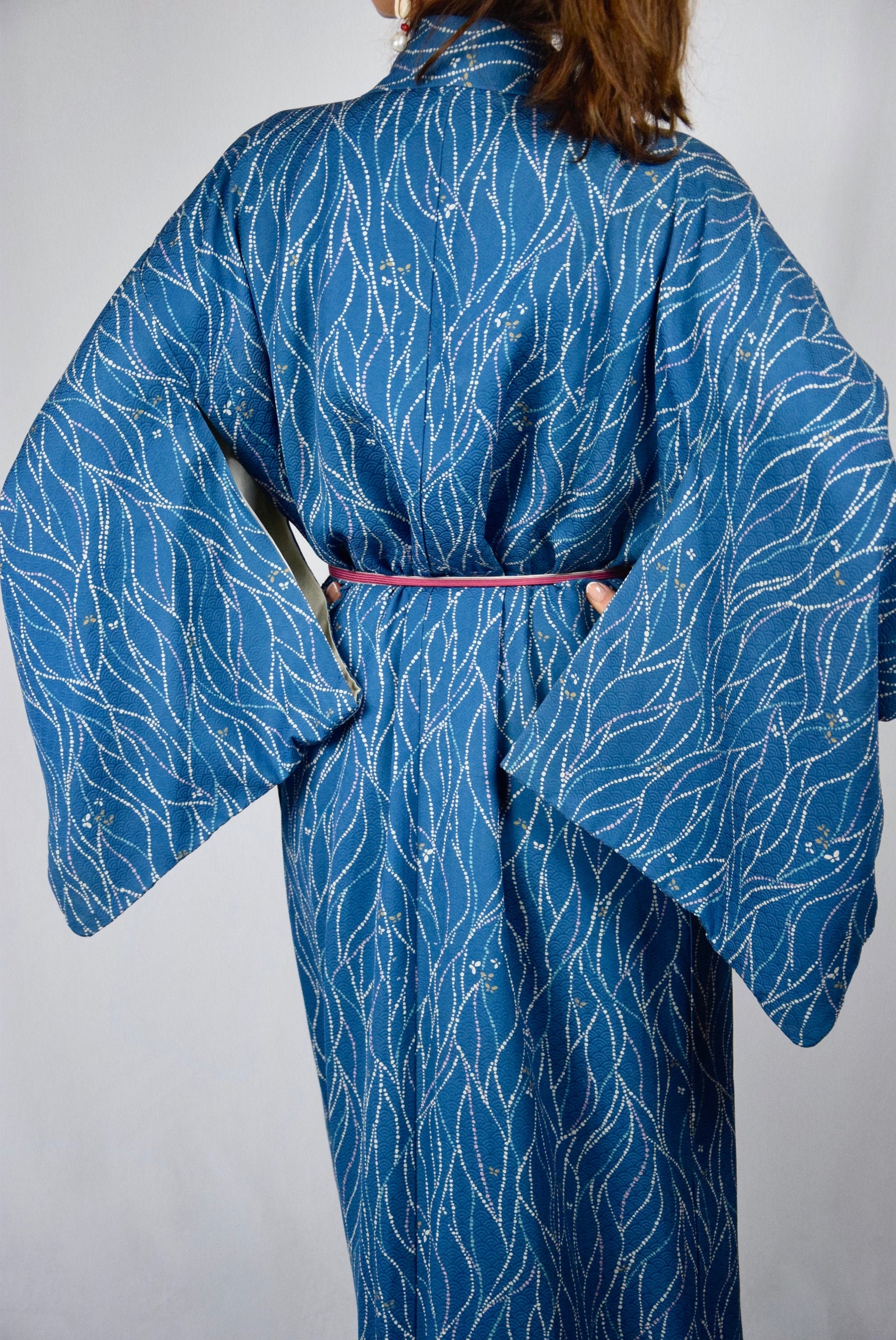 Japanese Vintage Kimono Robe in blue Silk with Obijime Kumihimo belt ...