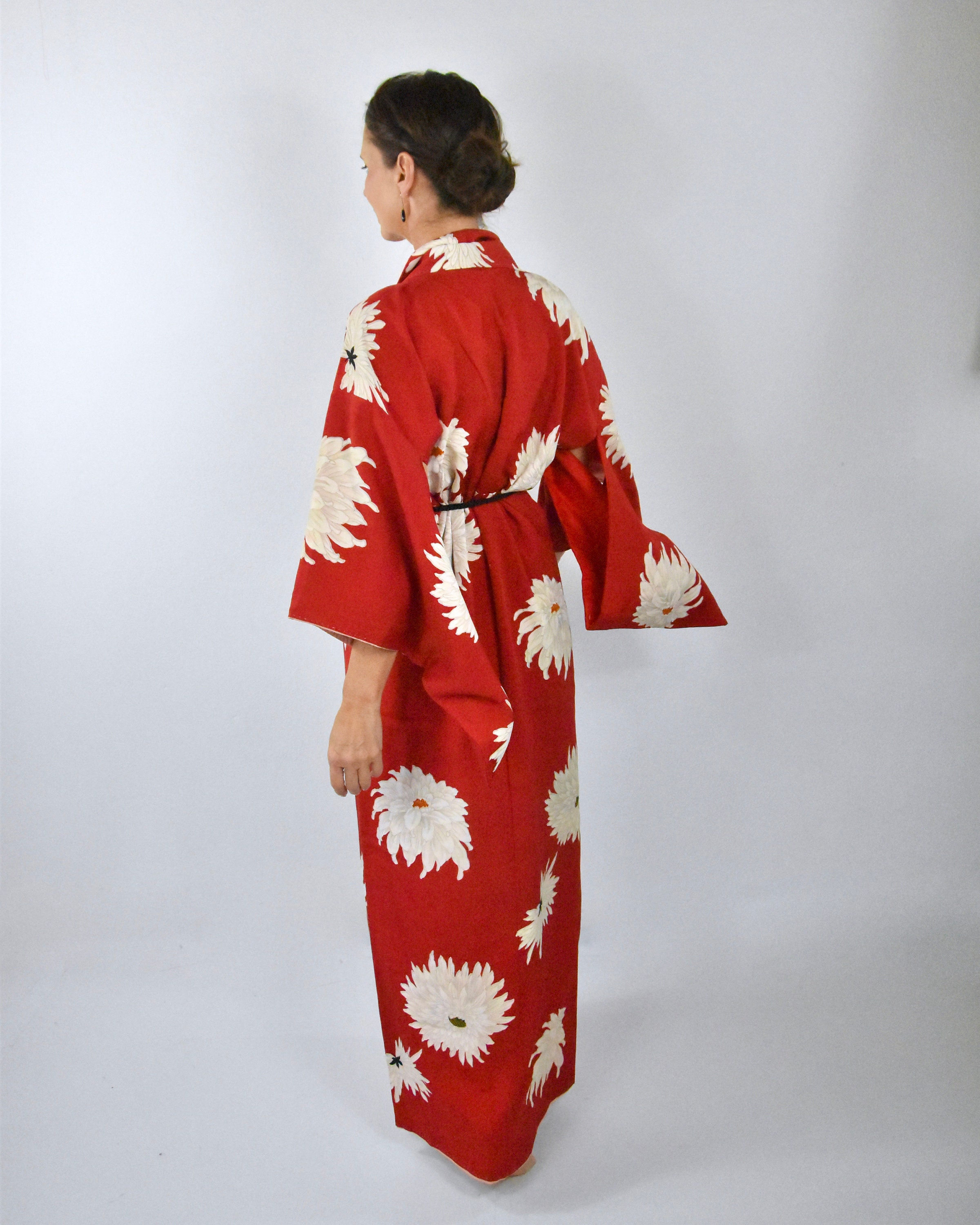 Japanese antique Kimono Robe in Japan-red with Obijime belt ...