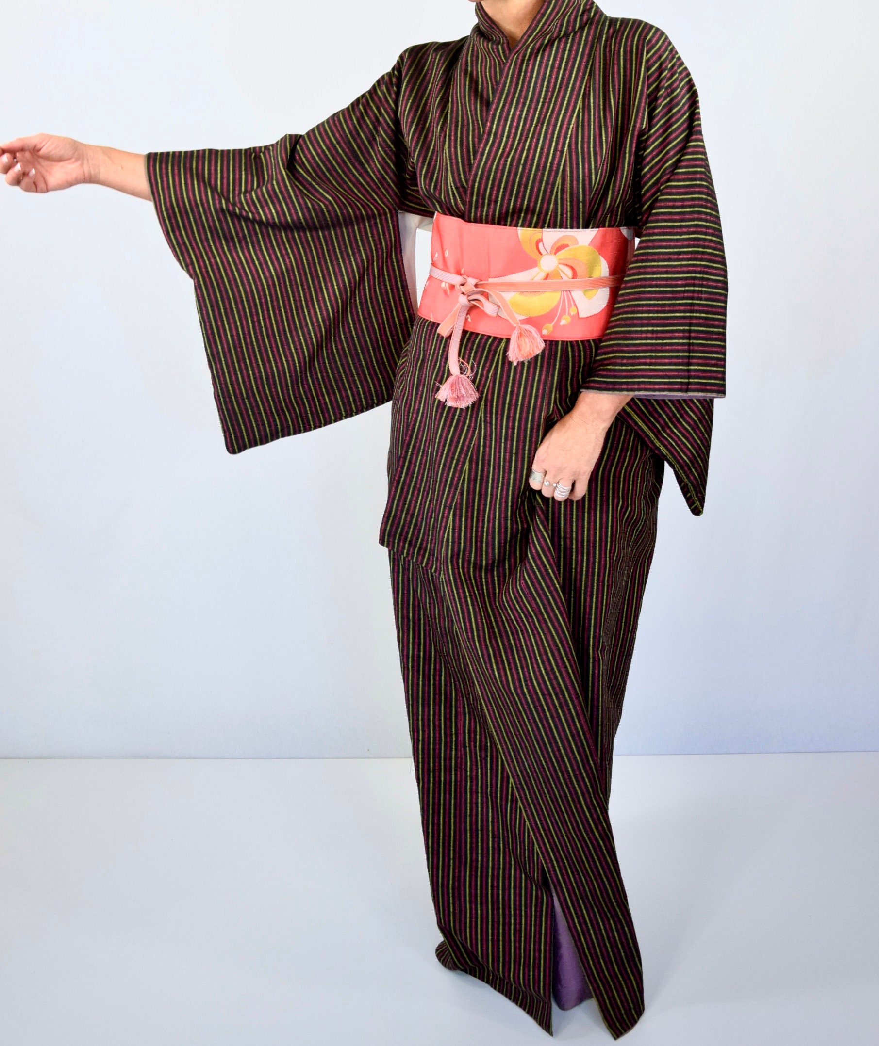 Cleaned striped Japanese Vintage Kimono Robe with matching Obijime Cord ...