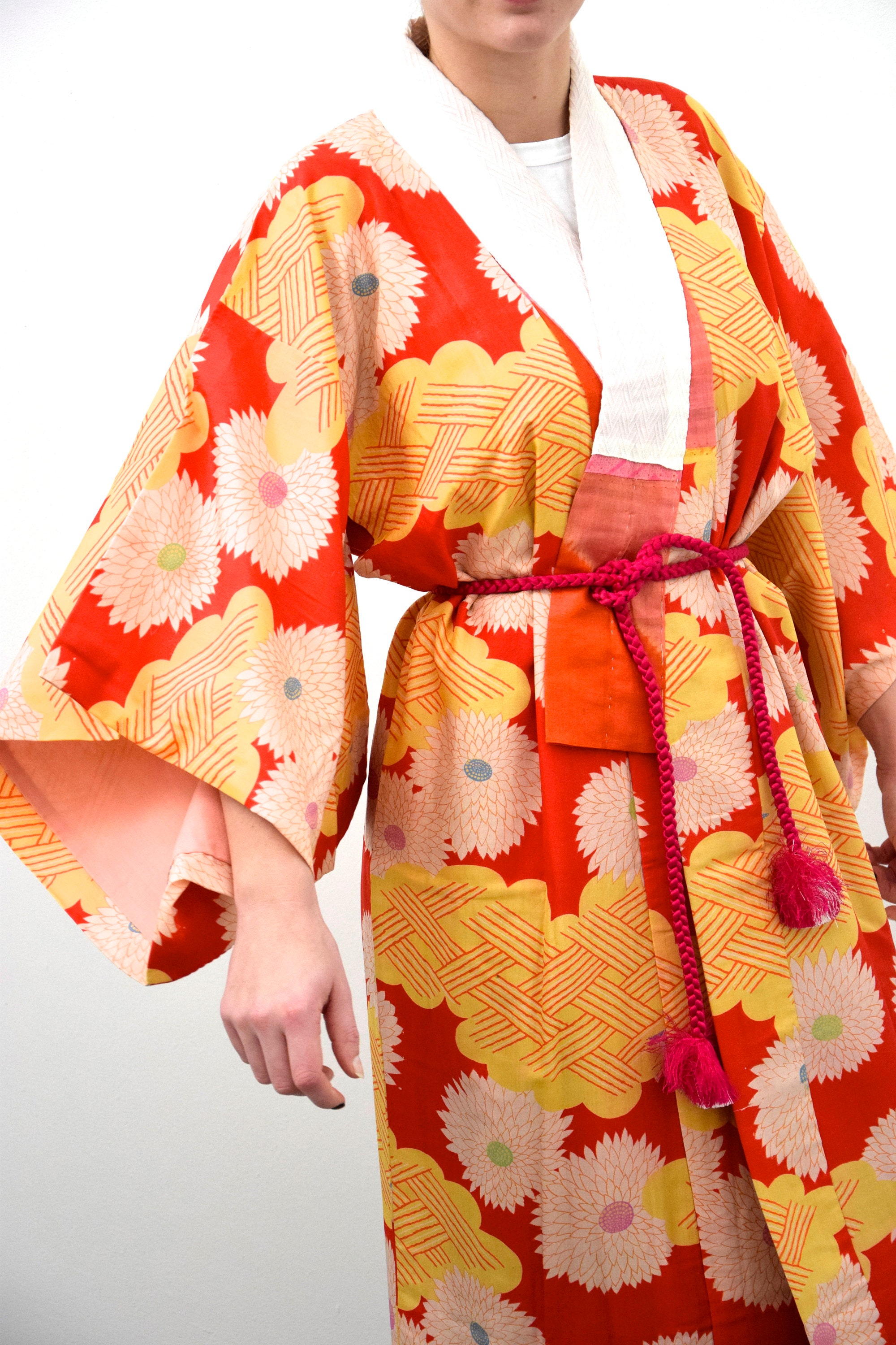Vintage Kimono red with Flowers with Obijime belt, Silk Kimono Robe ...