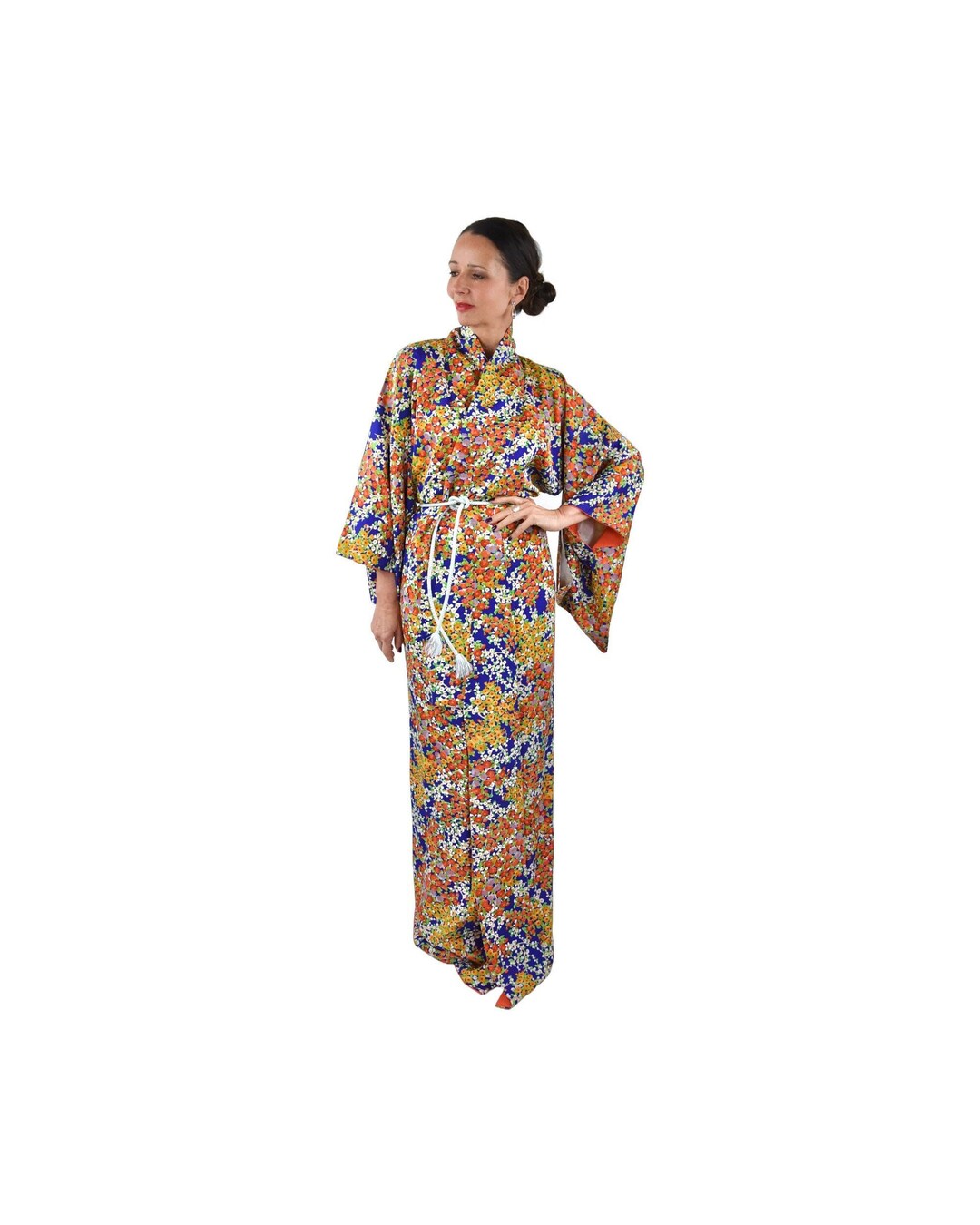 Japanese Vintage Kimono Robe in Royal Blue Silk With Cheerful Flower ...
