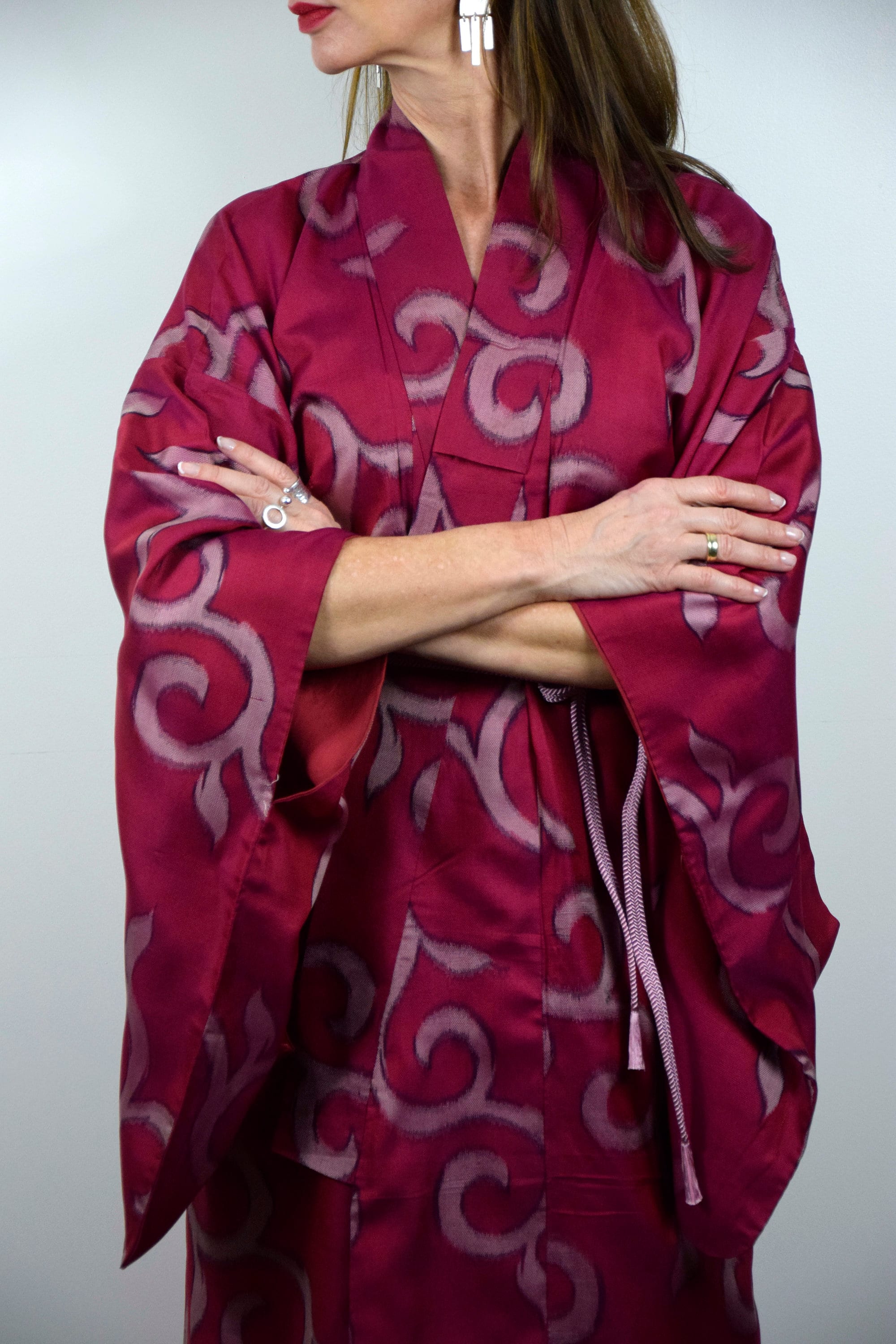 Japanese Vintage Kimono Robe Silk in raspberry red with Obijime belt ...