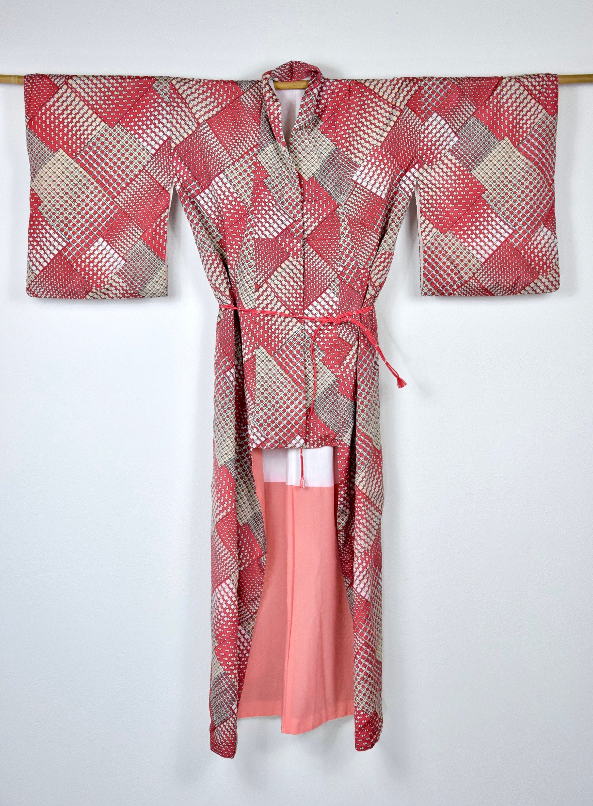 Japanese Vintage Kimono Robe in pink with free Obijime belt, cleaned ...