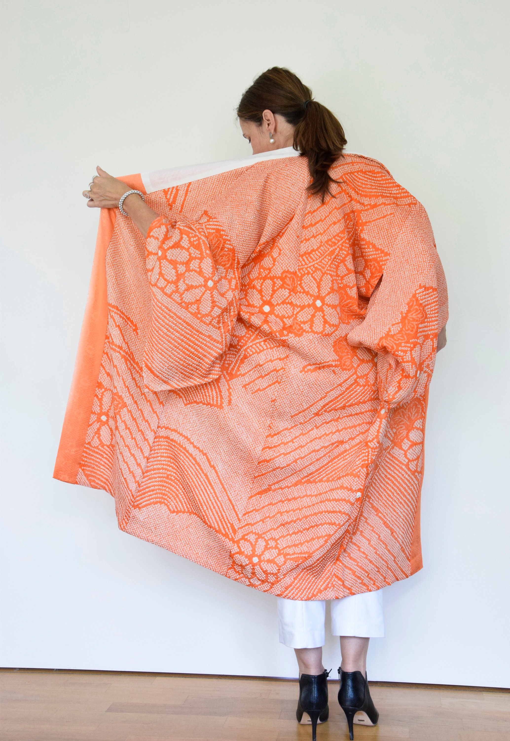 Vintage Kimono, special silk Kimono orange, handmade, Shibori Batik ...