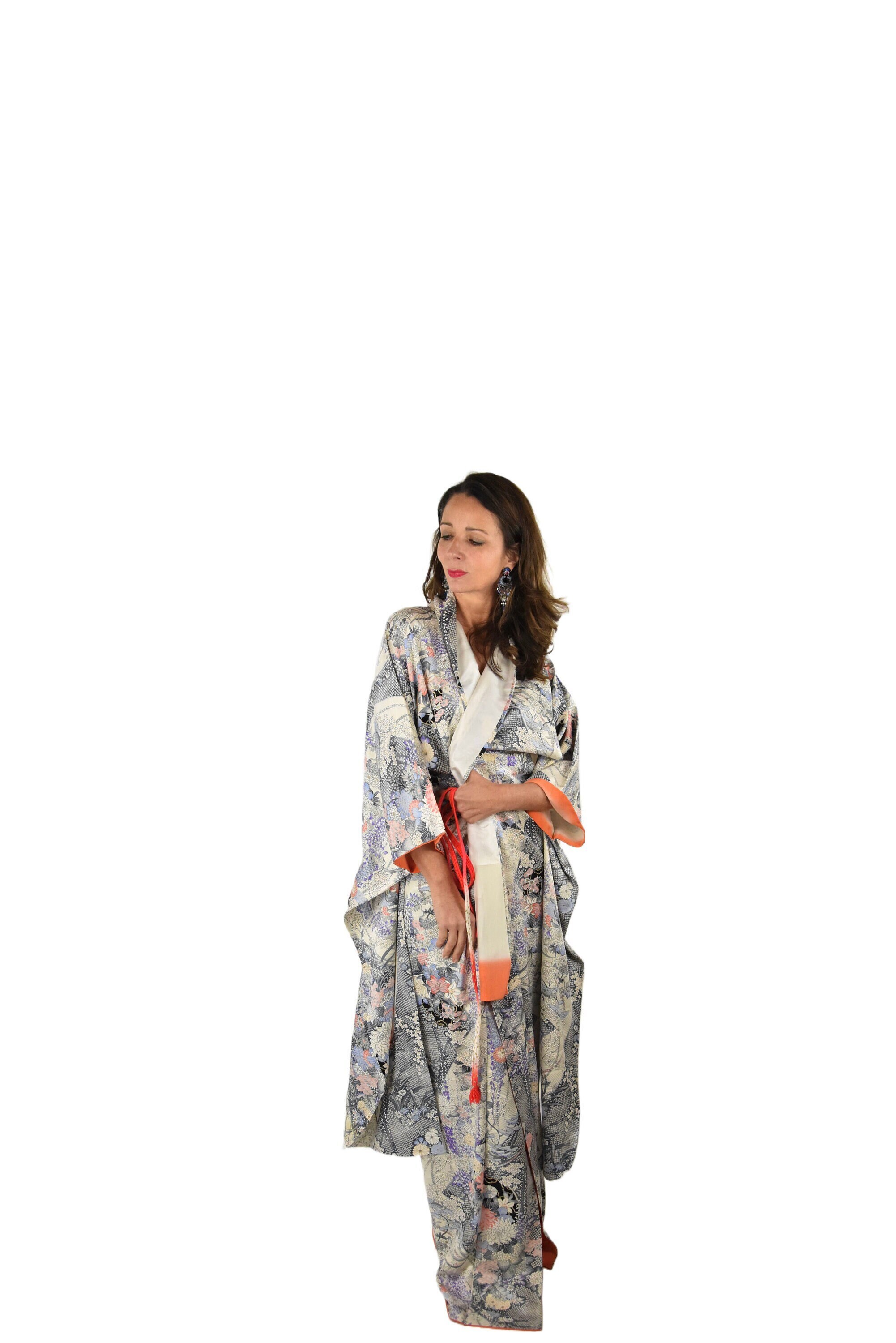 Furisode Kimono lilac-blue Hanami / Silk / Japan / hand sewn Kimono ...