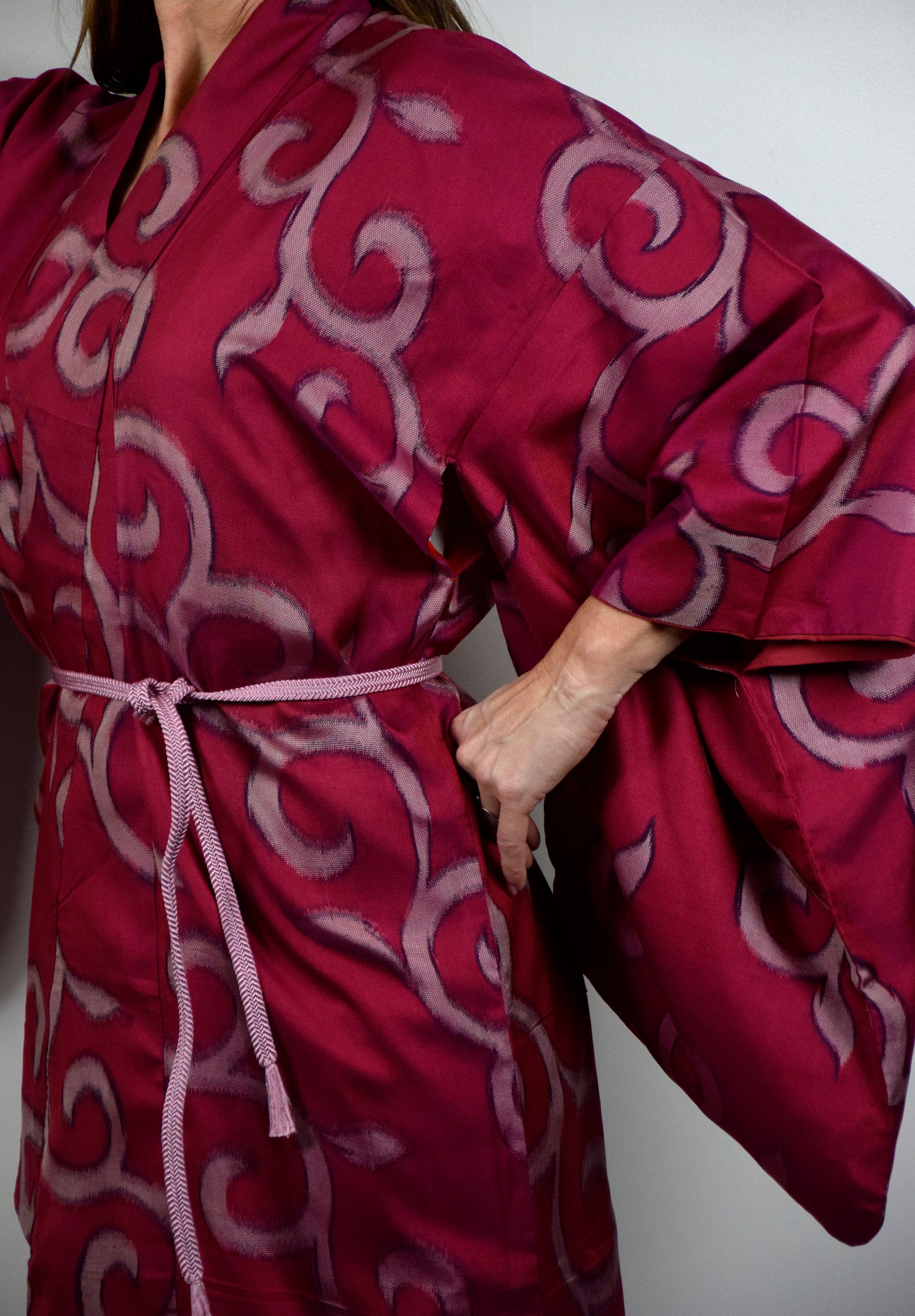 Japanese Vintage Kimono Robe Silk in raspberry red with Obijime belt ...