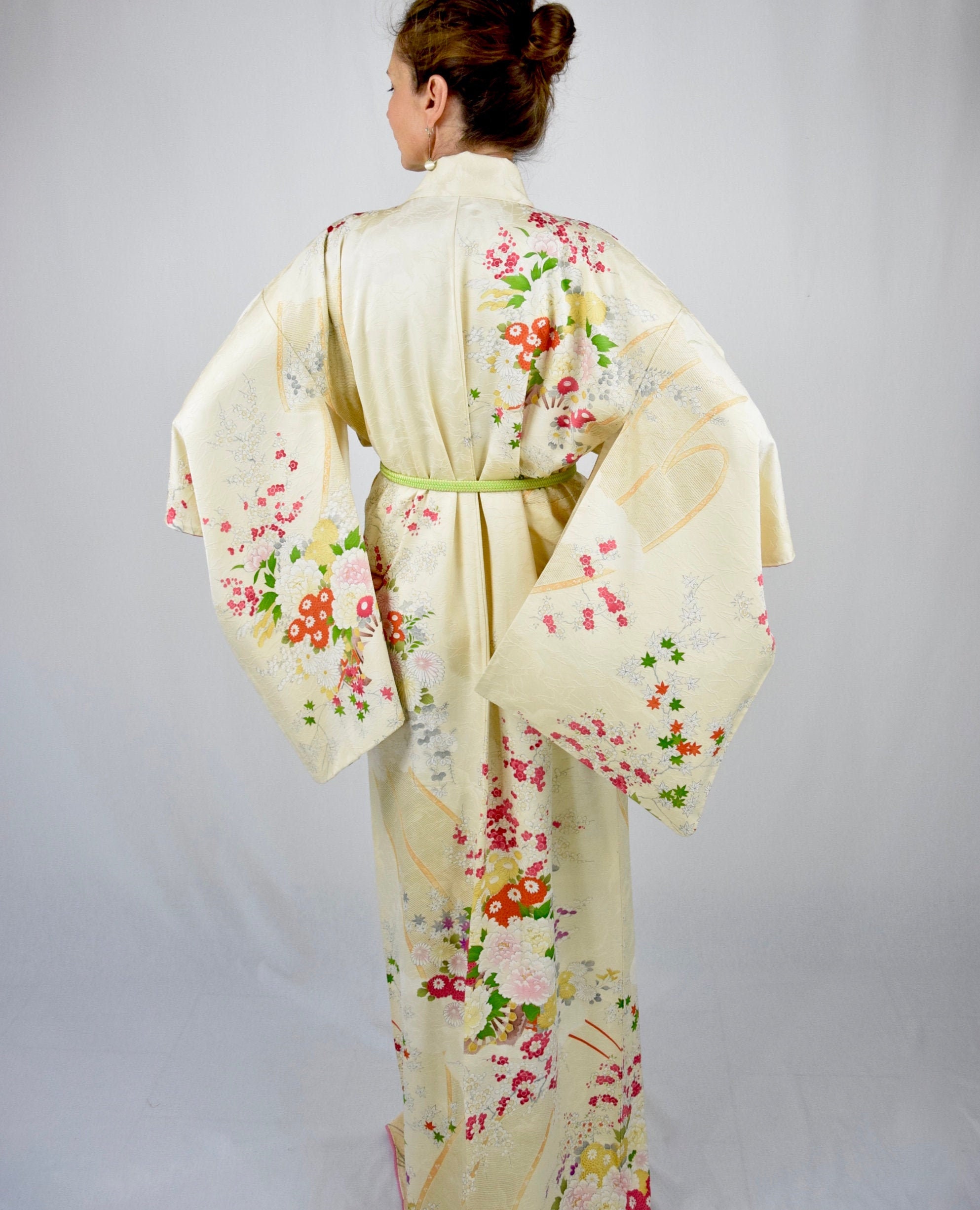 Japanese Vintage Kimono Robe In Green Silk With Obijime Kumihimo Belt