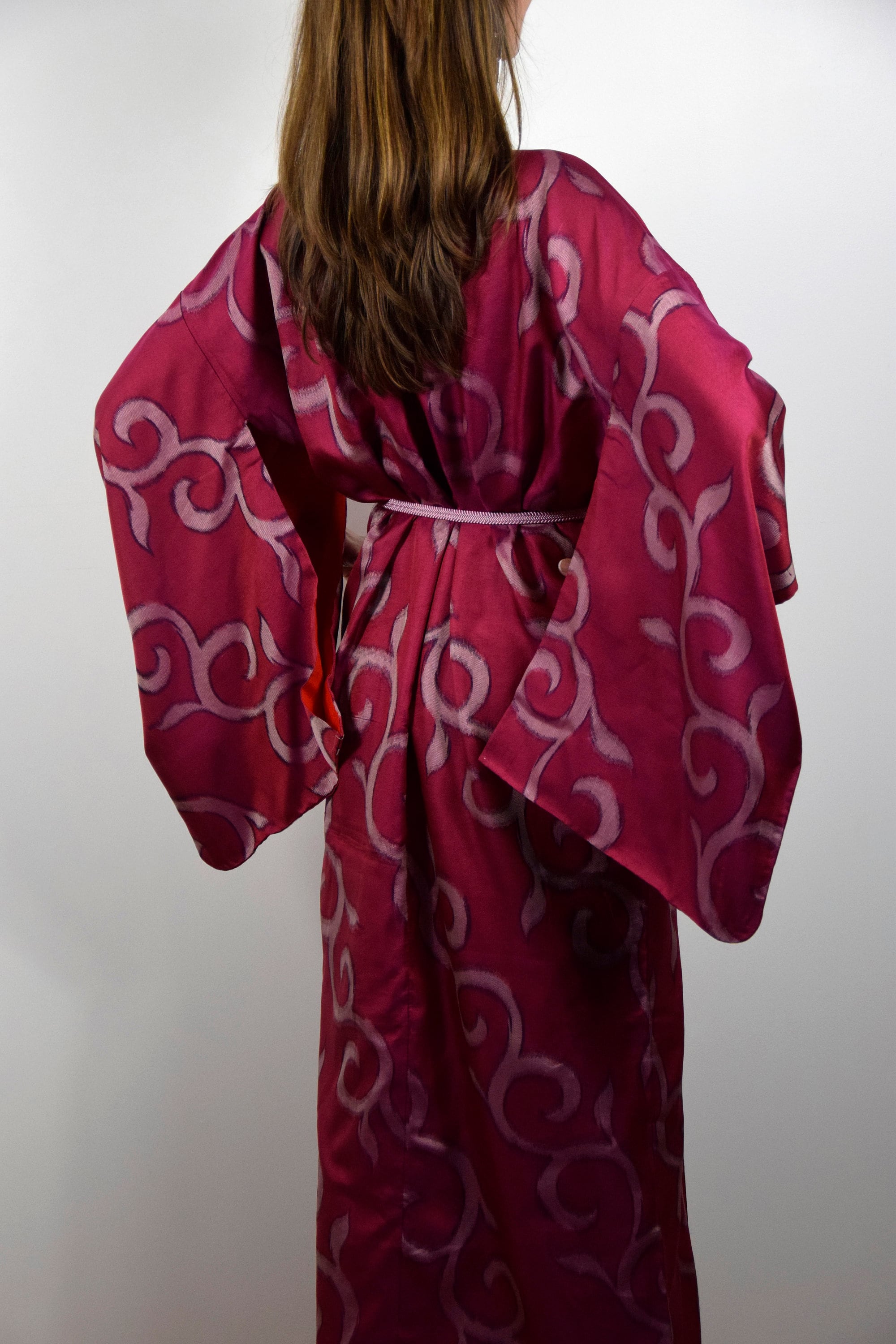Japanese Vintage Kimono Robe Silk in raspberry red with Obijime belt ...